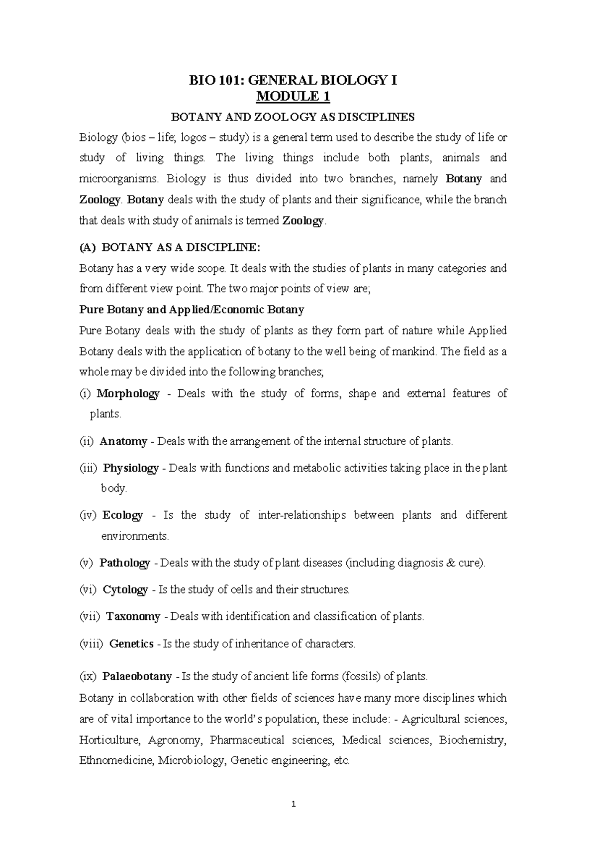 BIO 101: General Biology I - Module 1 Overview - Studocu
