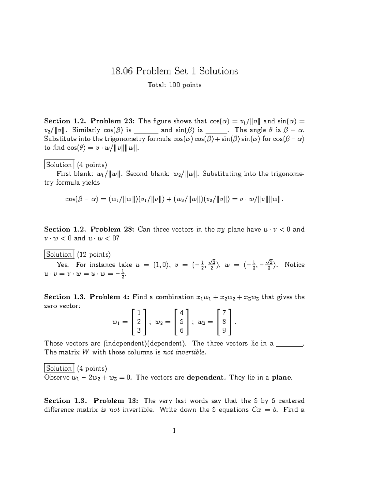 18.06 Linear Algebra Problem Set 1 Solutions and Explanations - Studocu