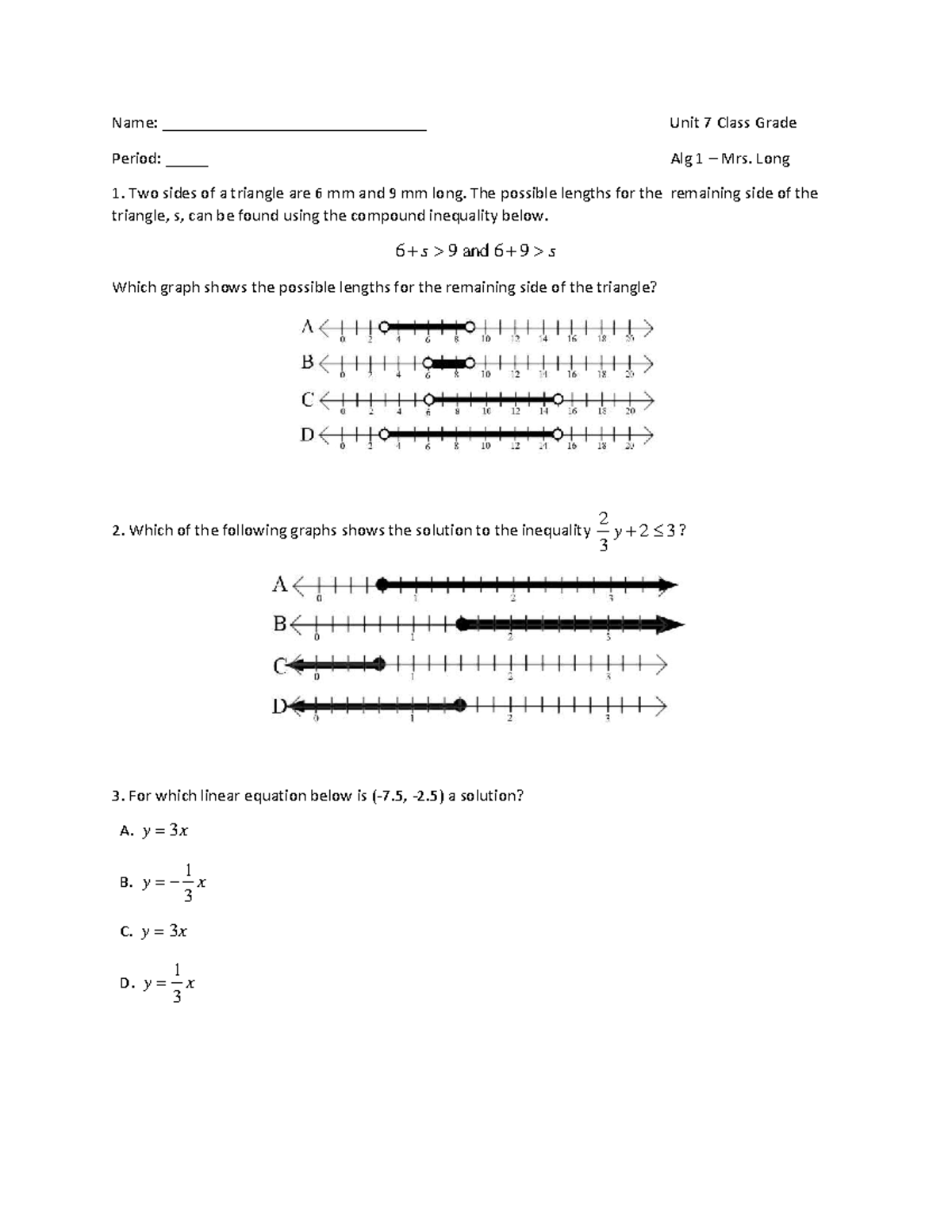 Unit 7 Class Grade - Algebra 1 Practice Problems - Studocu