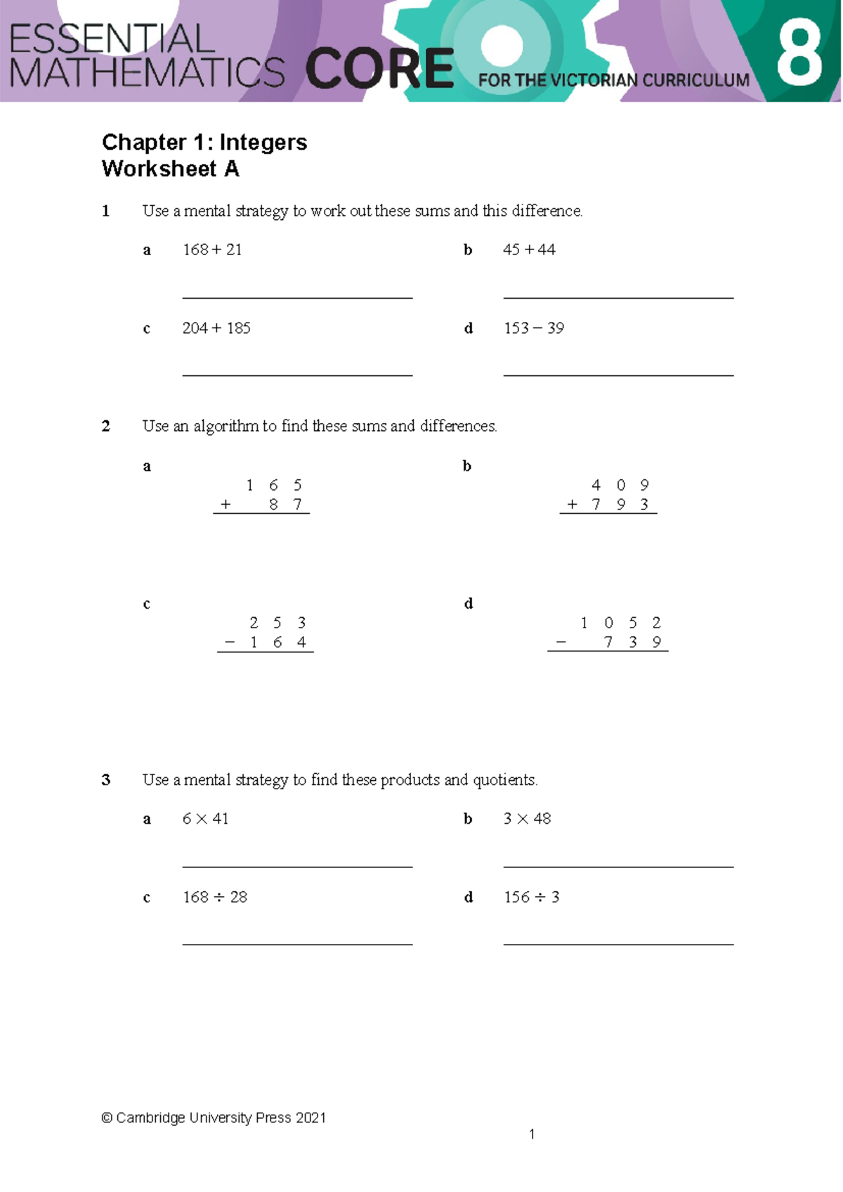 Emvic Core Year 8 OTS Ch1 Worksheet 1A - Chapter 1: Integers Worksheet ...