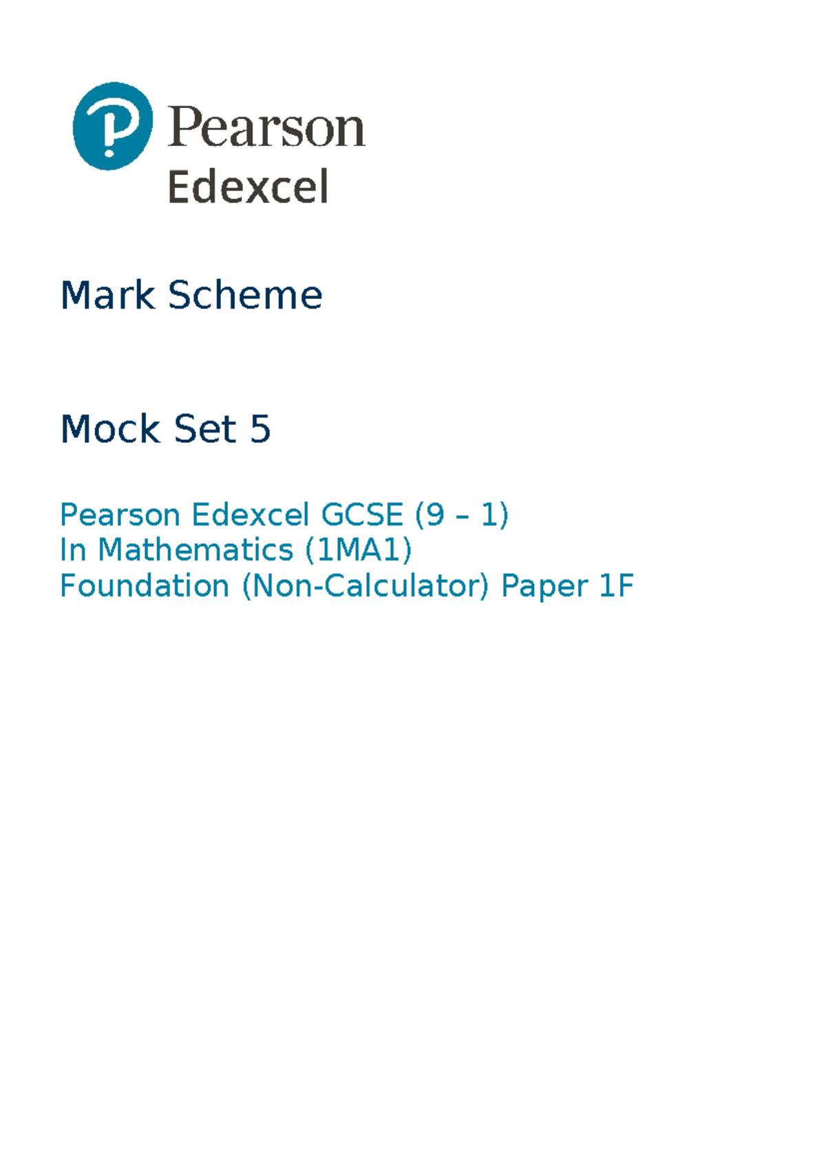 GCSE (9-1) Maths Mock Set 5 Paper 1F Mark Scheme - Studocu