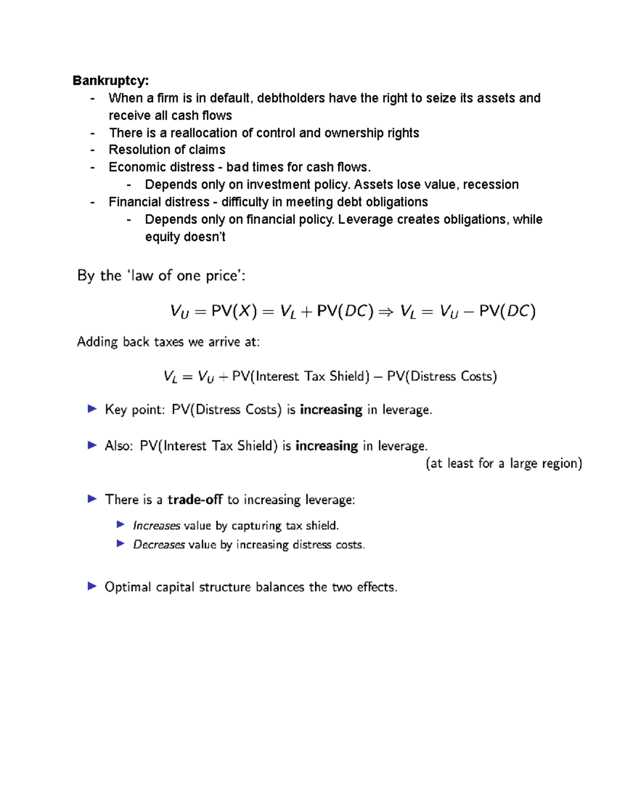 Bankruptcy and Distress Costs: EC334 Notes on Financial Policies - Studocu