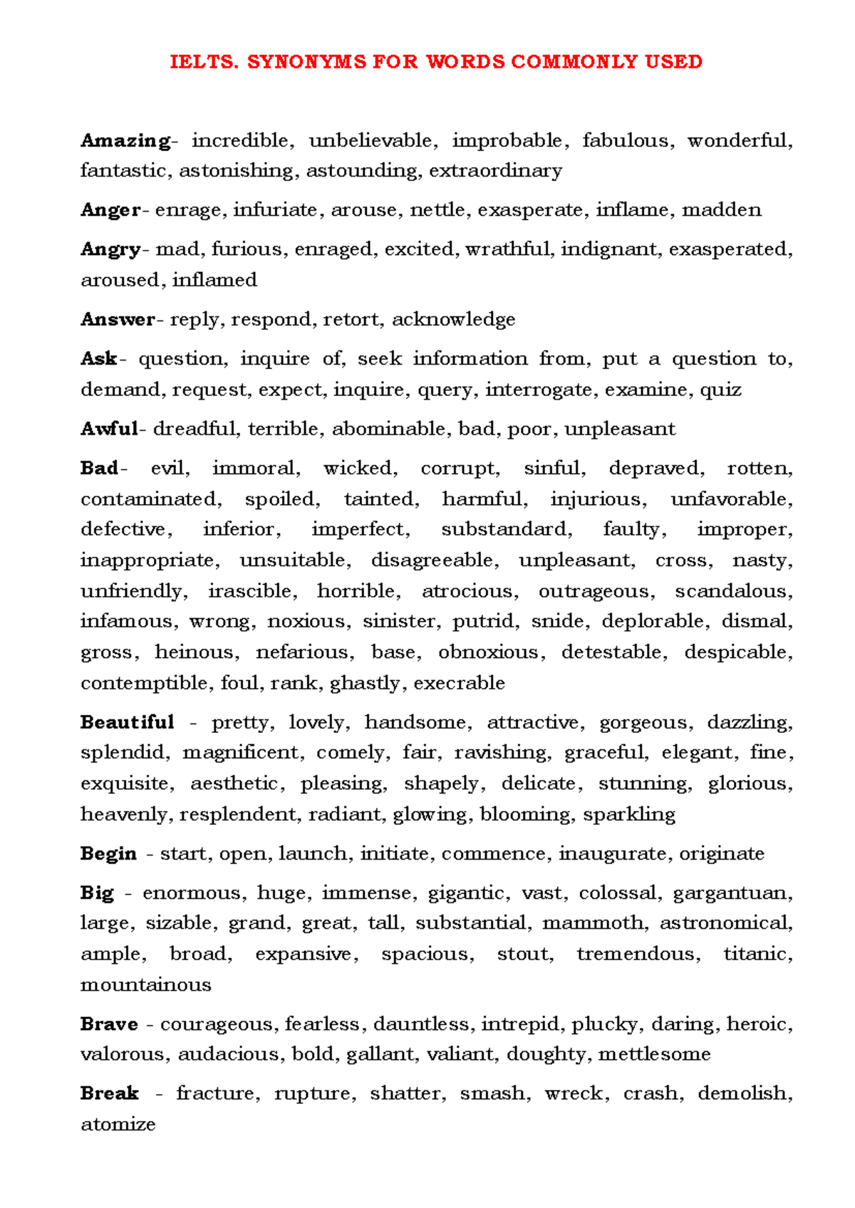 IELTS Vocabulary: Commonly Used Synonyms Guide - Studocu