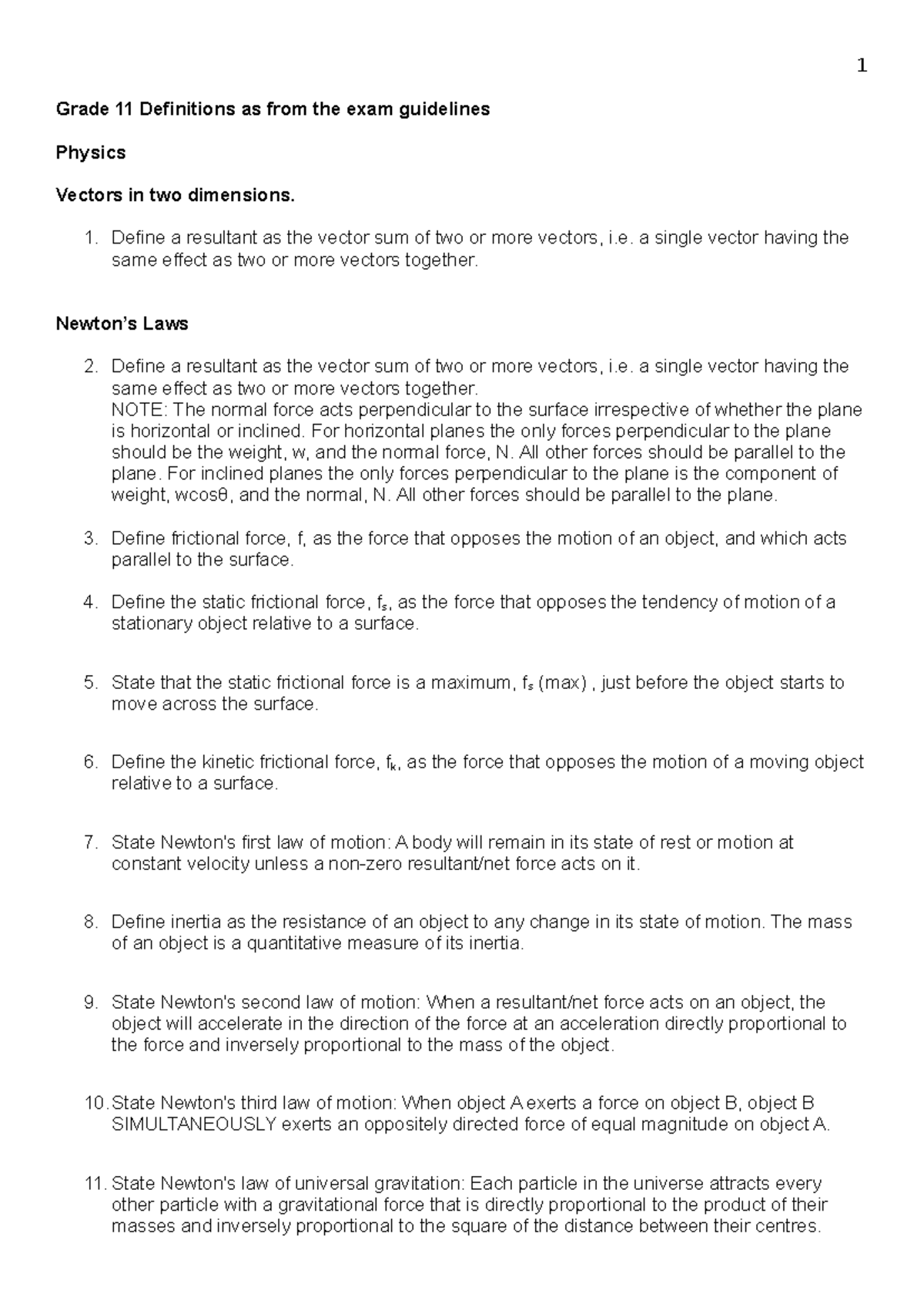 Grade 11 Physics & Chemistry Definitions: Exam Guidelines Summary - Studocu