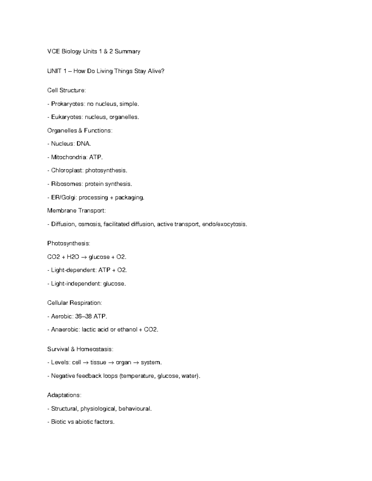 VCE Biology Units 1 & 2 Summary: Key Concepts & Processes - Studocu