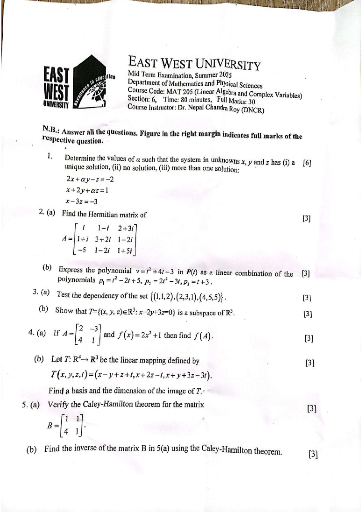 MAT 205 Midterm Exam: Linear Algebra & Complex Variables, Summer 2025 ...