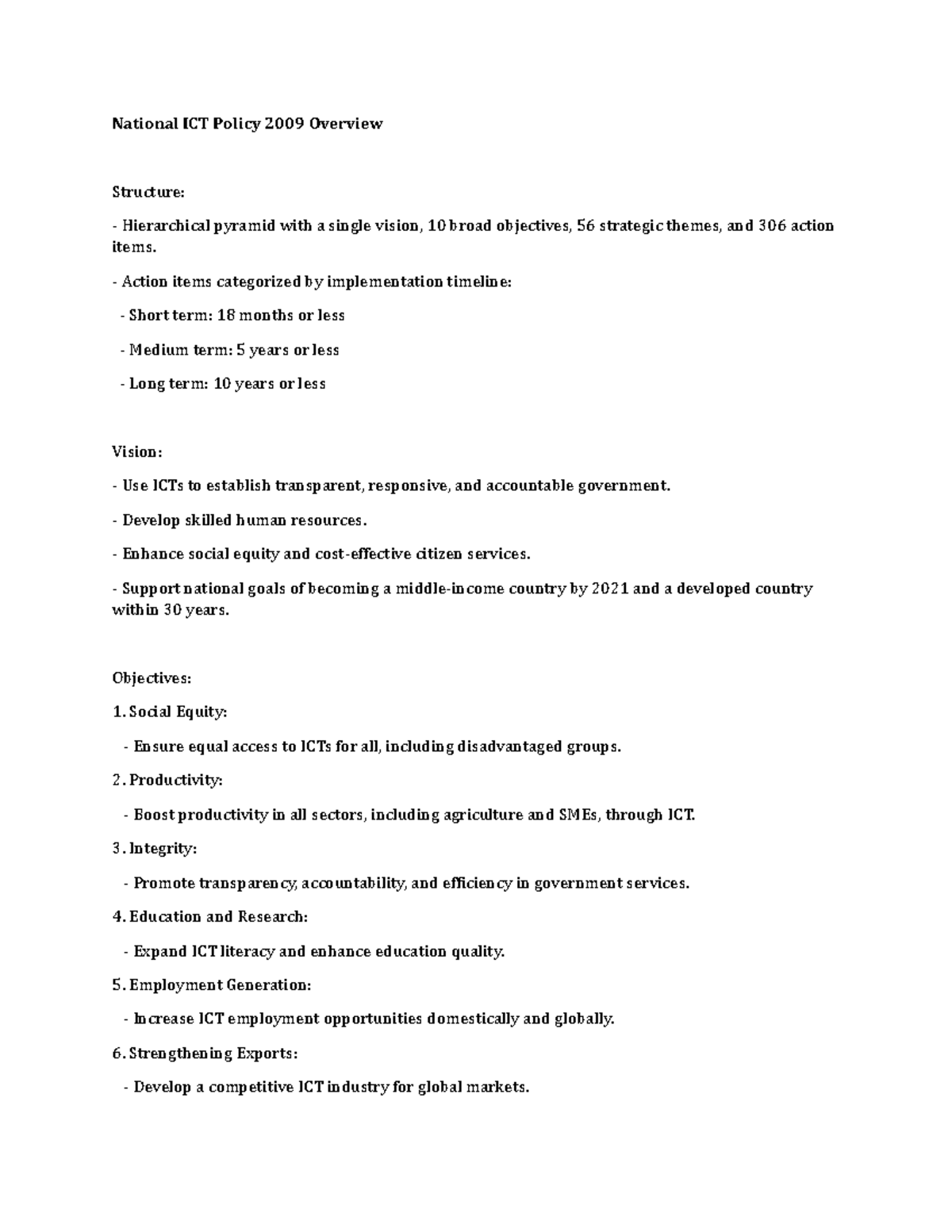 National ICT Policy 2009: Overview and Strategic Framework - Studocu