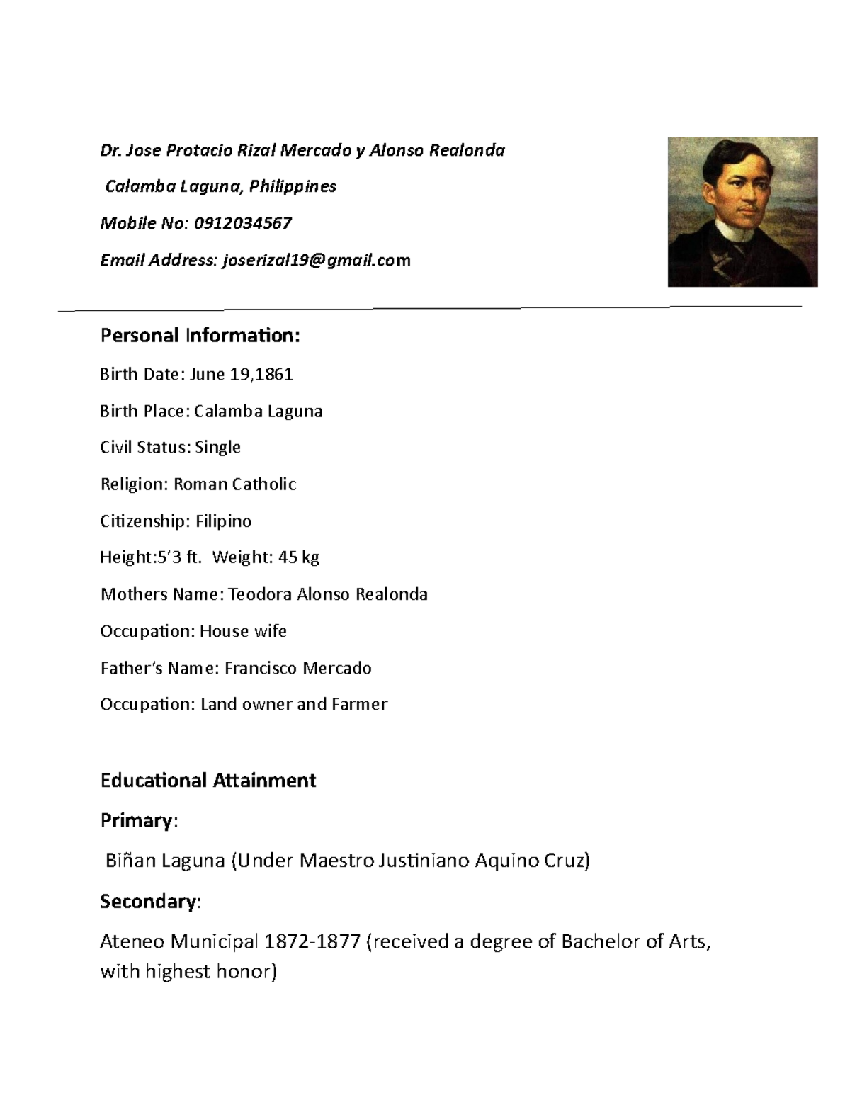 Jose Rizal's Resume: Education, Experience, and Legacy Overview - Studocu