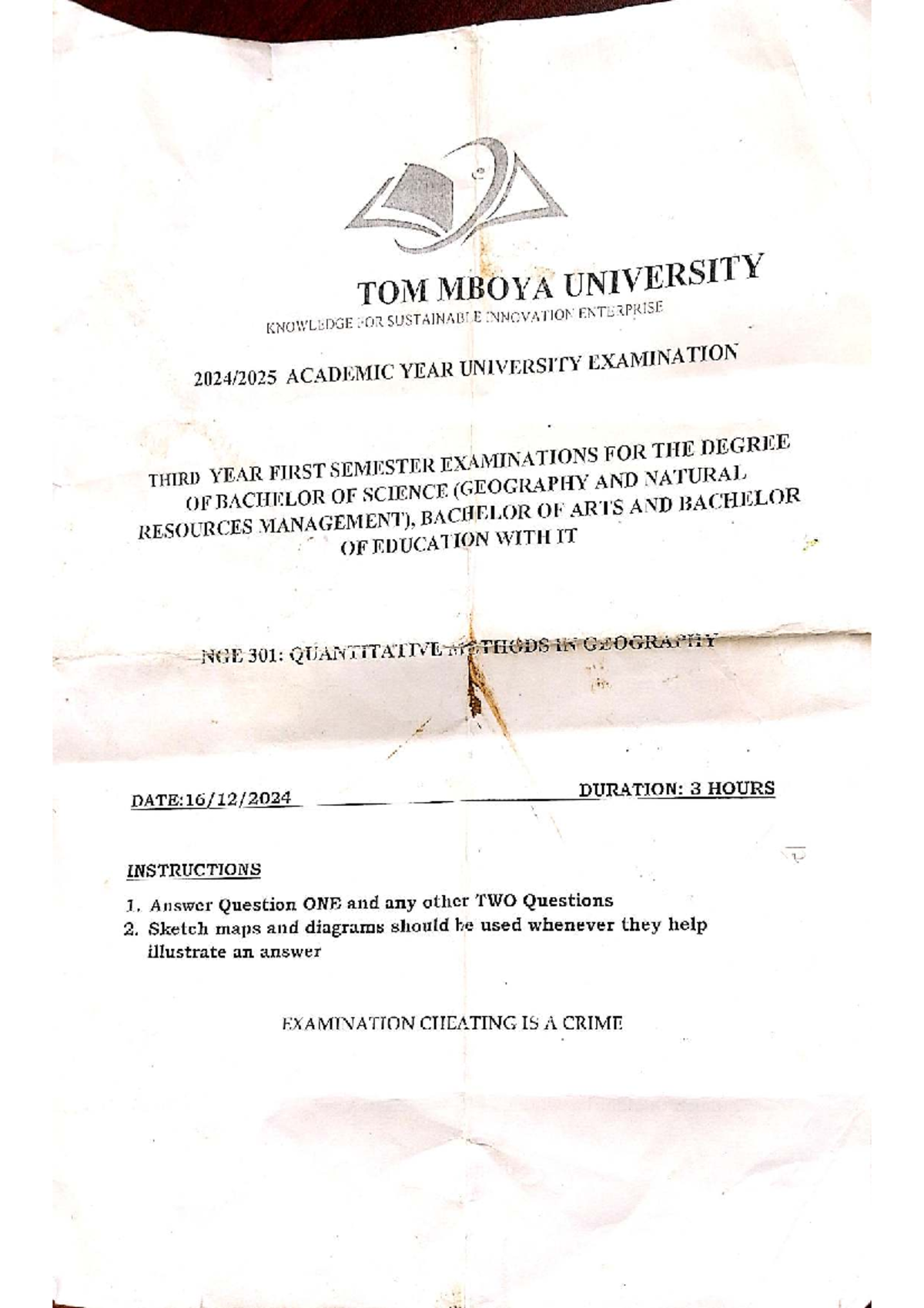 NGE 301: Quantitative Methods Past Exam Paper - 2025 - Studocu