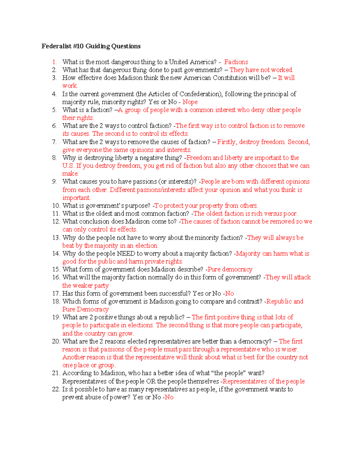Federalist #10 Guided Reading Questions and Answers - Studocu