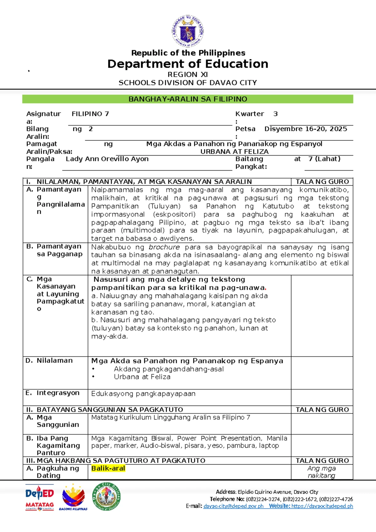 Q3 Filipino 10 Sariling Linangan Kit 4: Epiko at Modyul na Aralin - Studocu