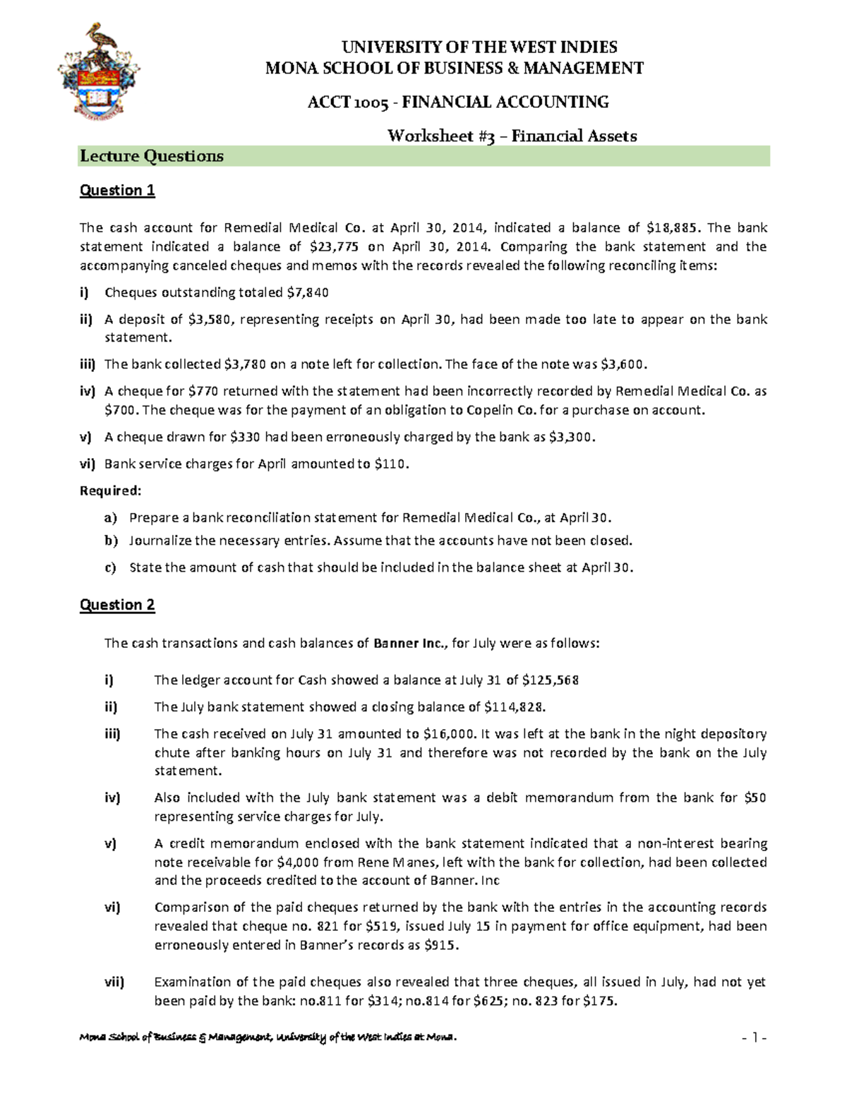 ACCT 1005 Financial Accounting: Bank Reconciliation & Journal Entries ...