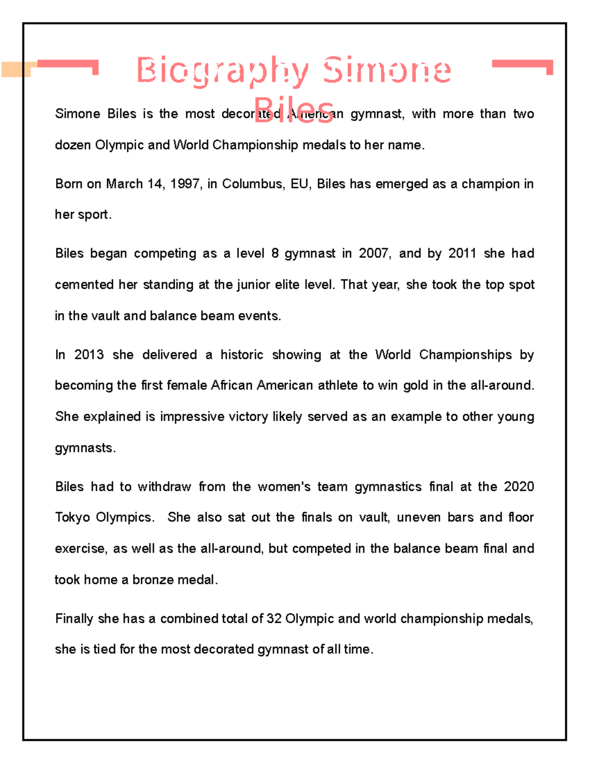 Biography of Simone Biles: An Inspirational Journey - Studocu