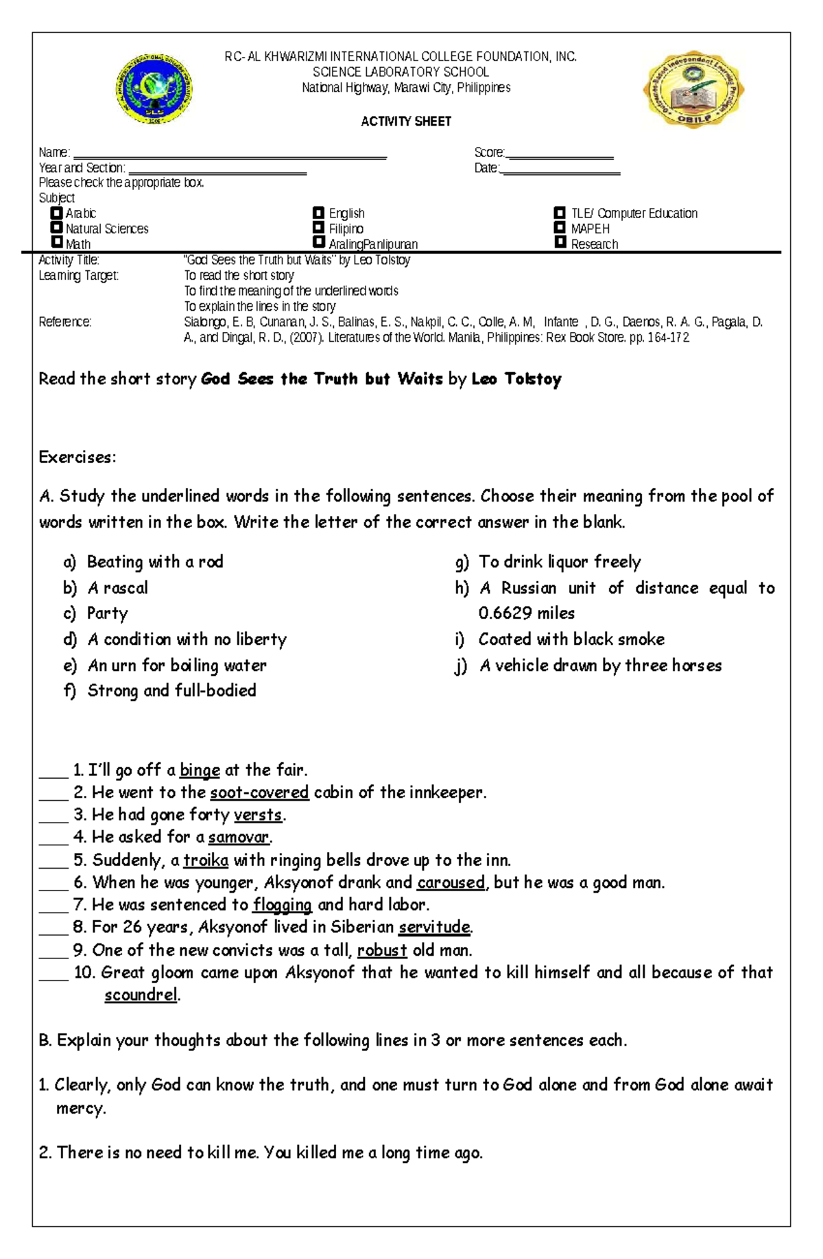 Activity Sheet: God Sees the Truth but Waits - Assessment for LAS 1 ...