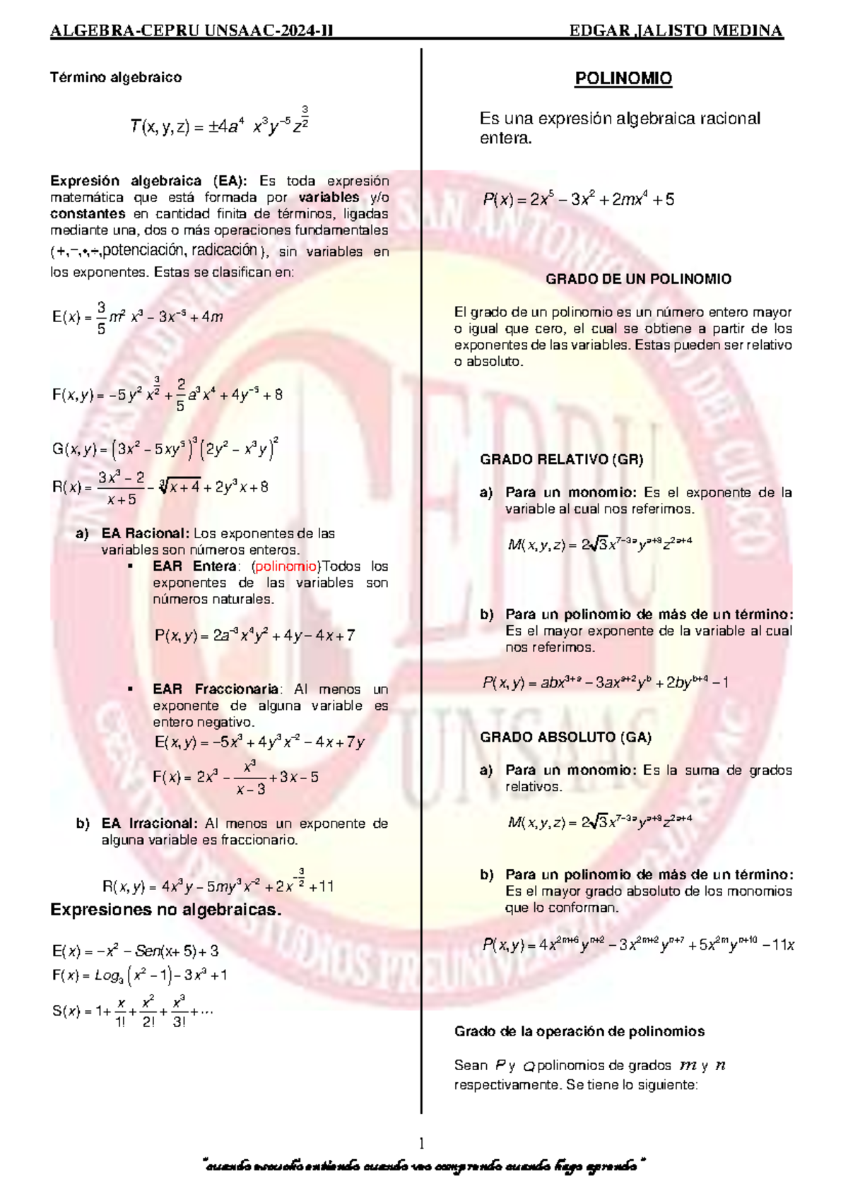 EDGAR JALISTO MEDINA Polinomios: Conceptos y Grados (2) - Studocu