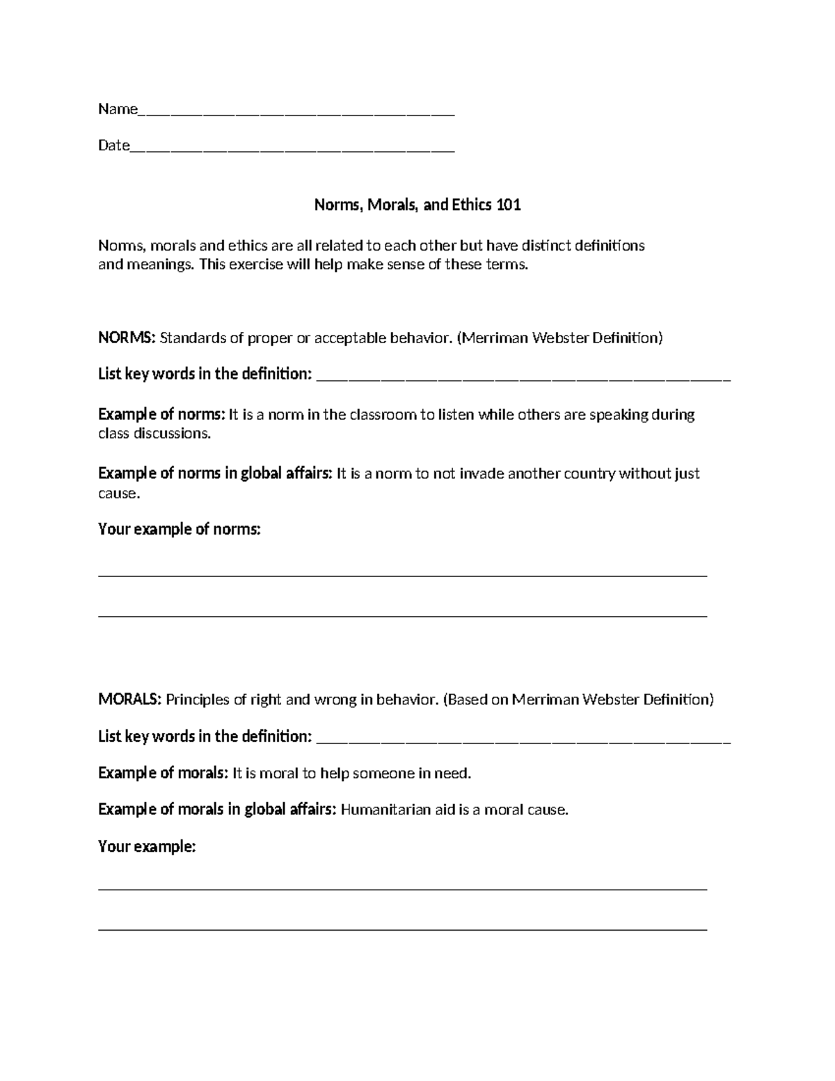 Norms, Morals, and Ethics Worksheet (3)-1-1: Understanding Key Concepts ...