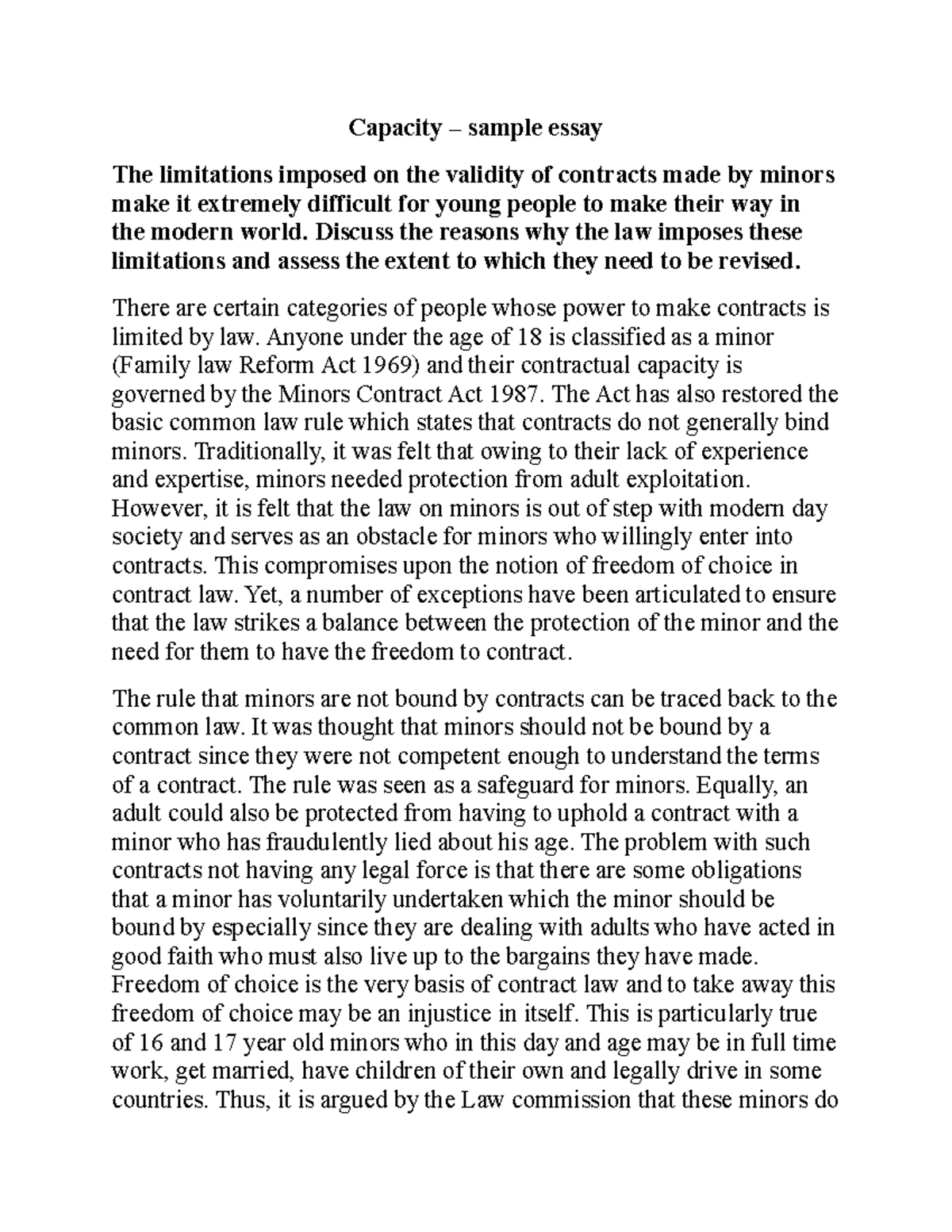Assessing Capacity: Minors and Contractual Limitations Essay - Studocu