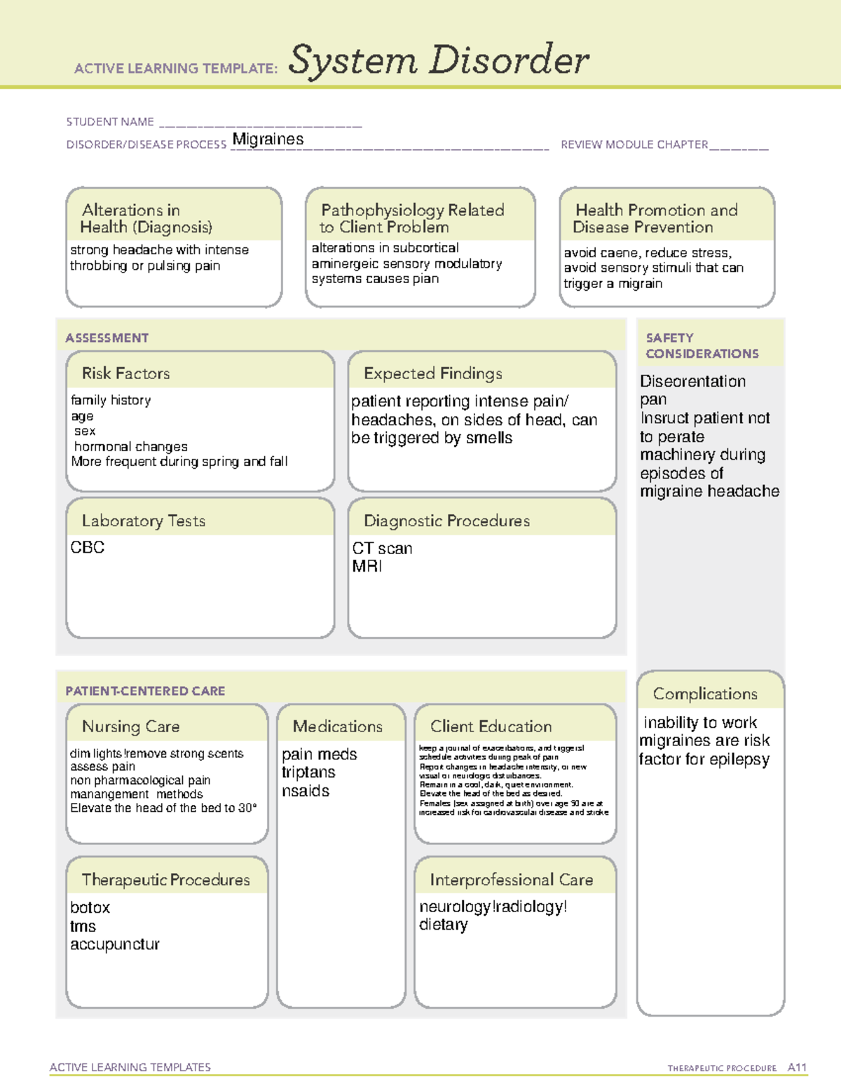 Active Learning Template: Migraines System Disorder - Therapeutic ...
