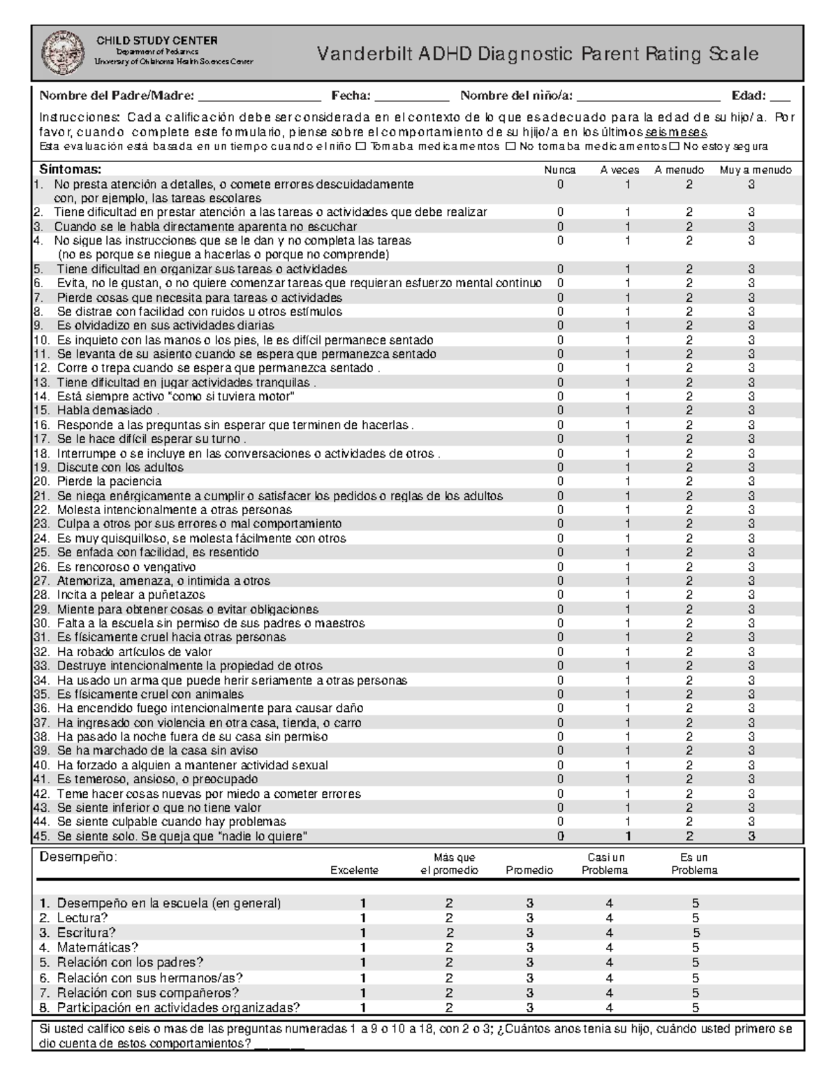 Vanderbilt ADHD Diagnostic Parent Rating Scale - Child Study Center ...