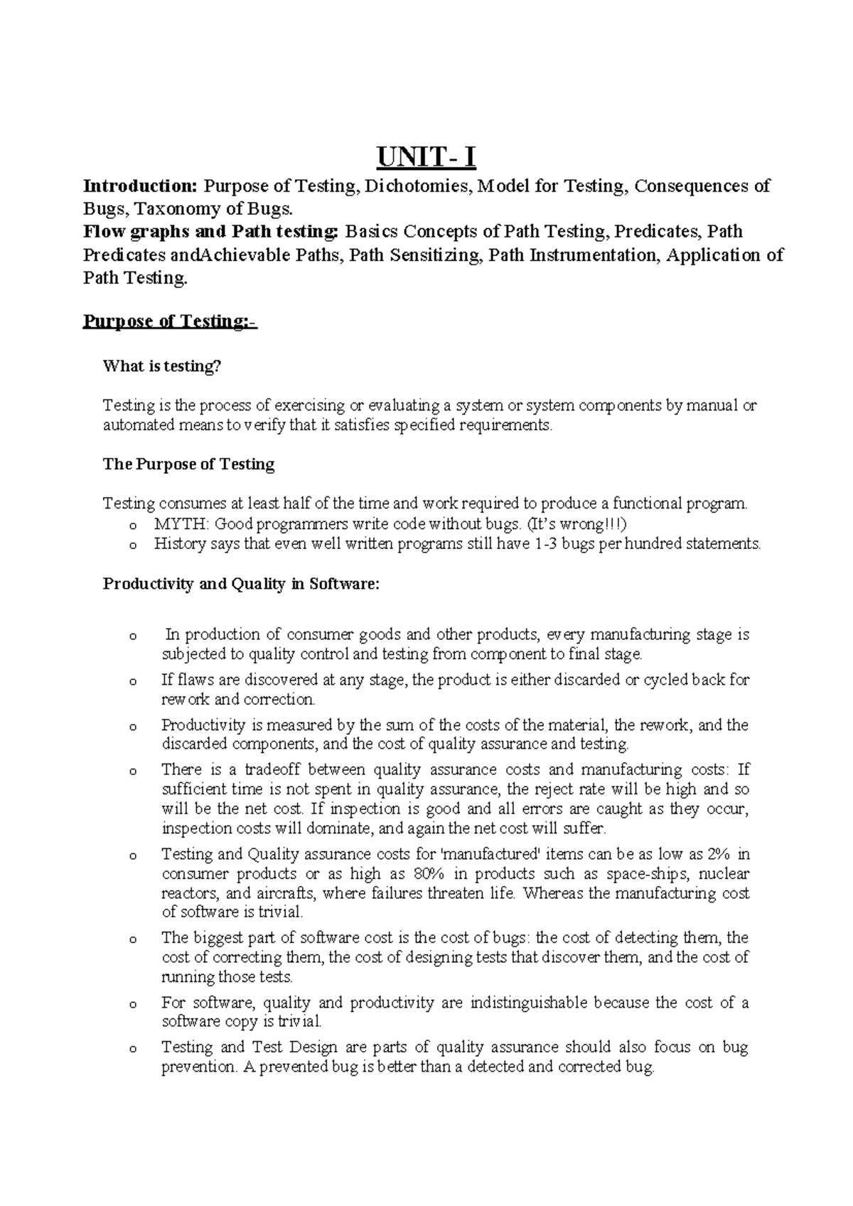 UNIT-1-1: Comprehensive Overview of Testing Models and Bug Taxonomy ...