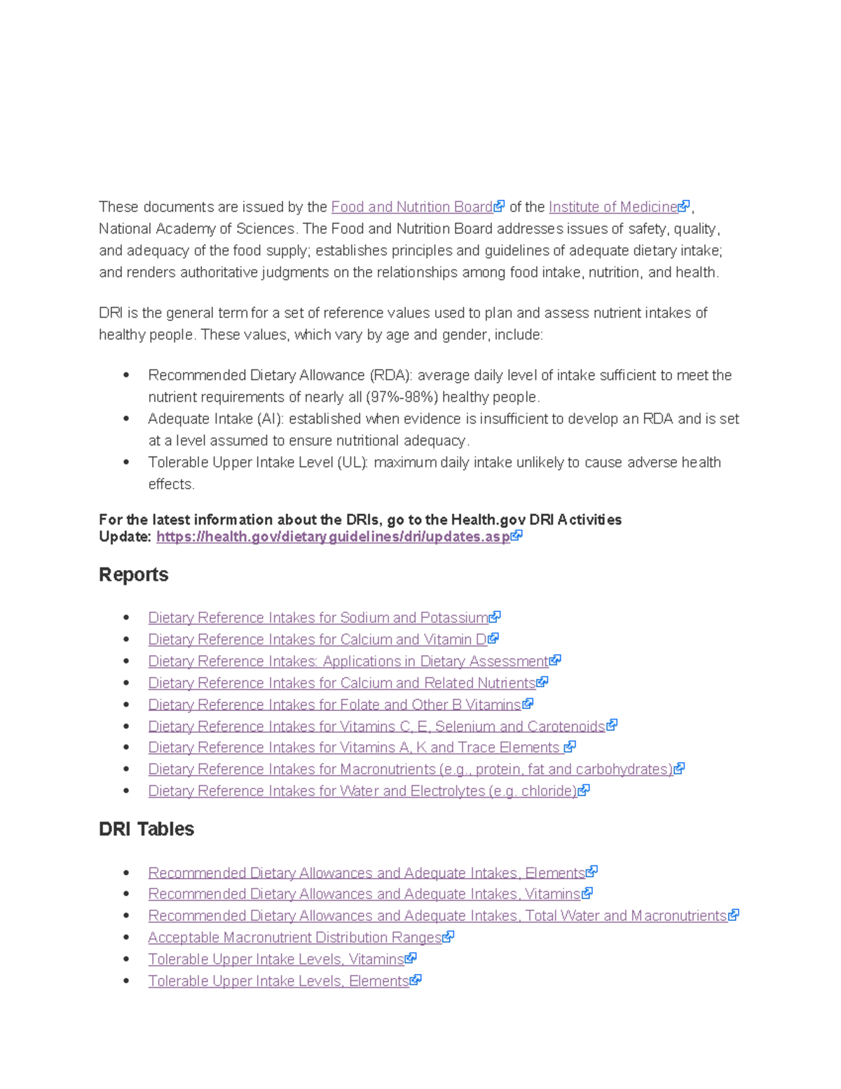 Nutrition Tools Standards and Guidelines: DRI Nutrient Recommendations ...