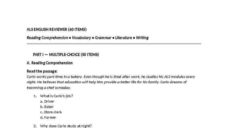 ALS English Reviewer: 60 Items on Reading, Vocabulary, and Grammar ...