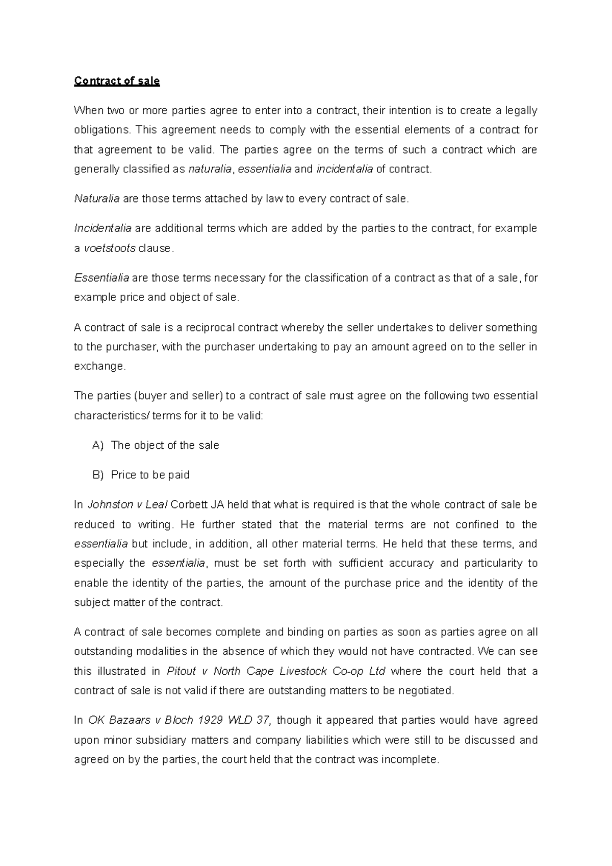 Contract of Sale: Introductory Notes and Essential Principles - Studocu