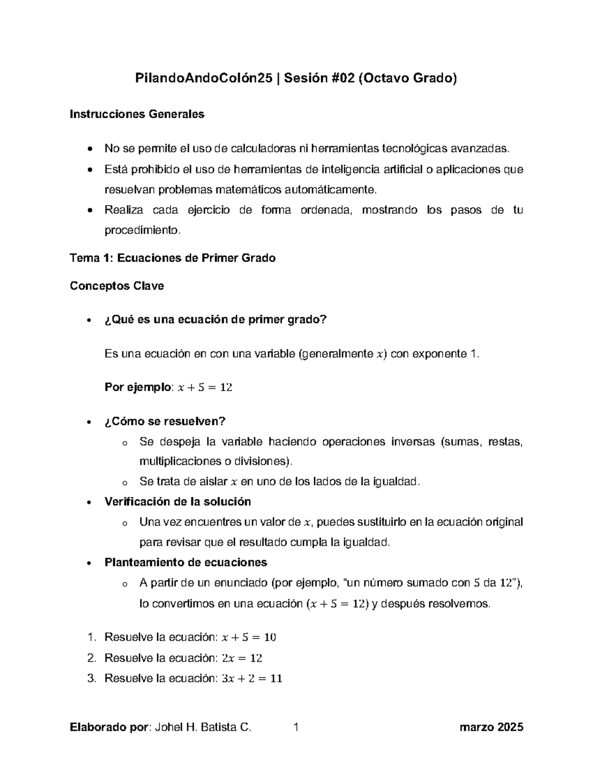 Práctica de matemáticas para octavo grado: ecuaciones y propiedades ...