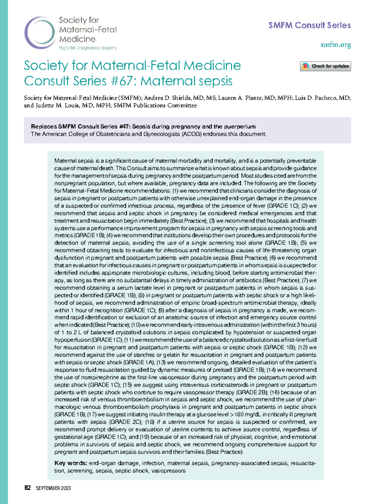 SMFM Consult Series: Maternal Sepsis Management Guidelines - Studocu