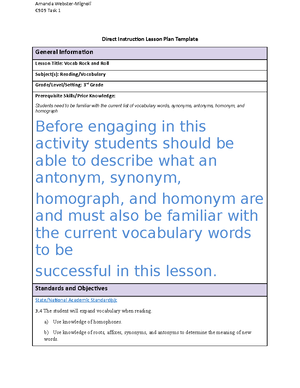 C909 Task 1 - Lesson Plan Template (Elementary Reading Methods and Interventions) - Direct - Studocu