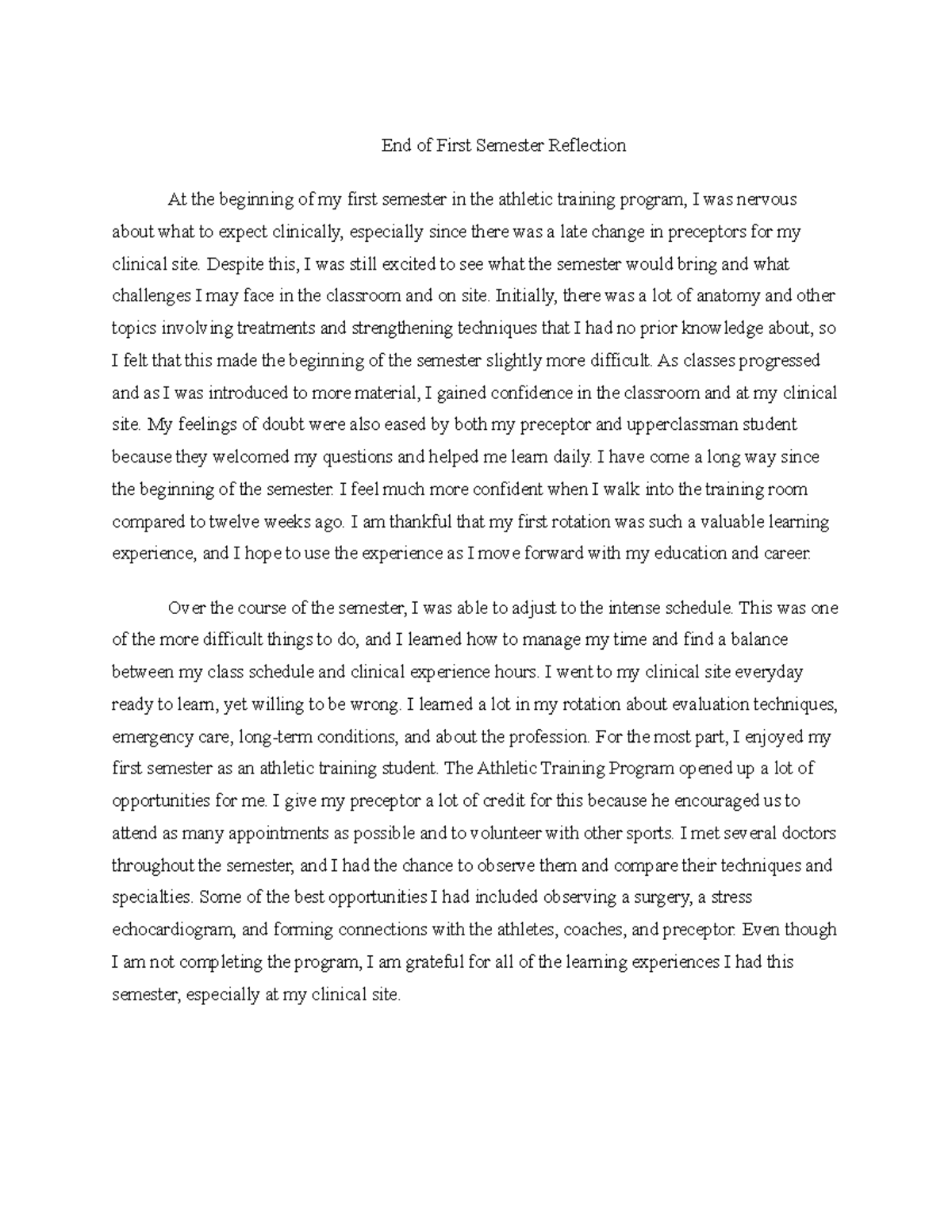 End of Semester Reflection - End of First Semester Reflection At the ...