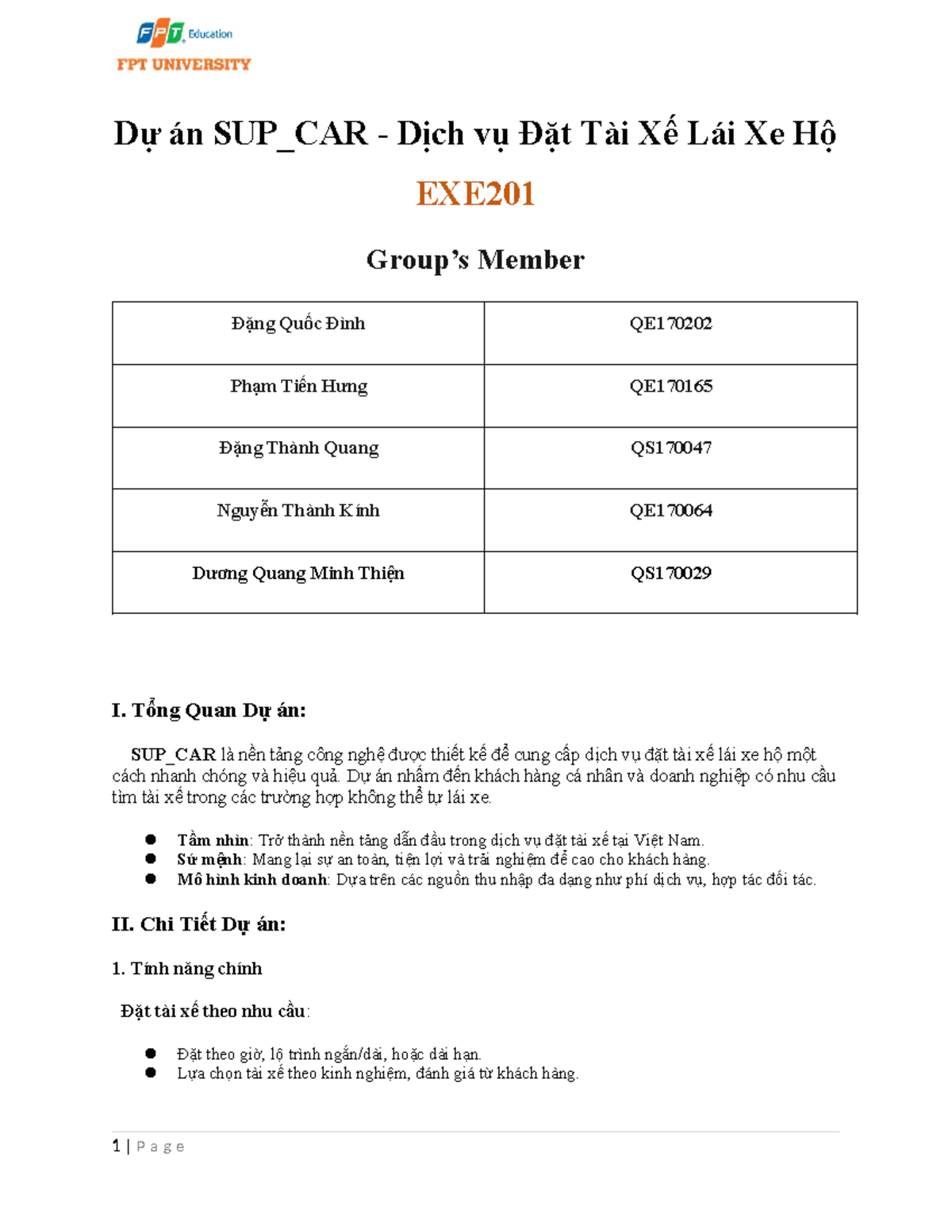 Dự Án SUP_CAR: Dịch Vụ Đặt Tài Xế Lái Xe Hộ Tại Quy Nhơn EXE201 - Studocu