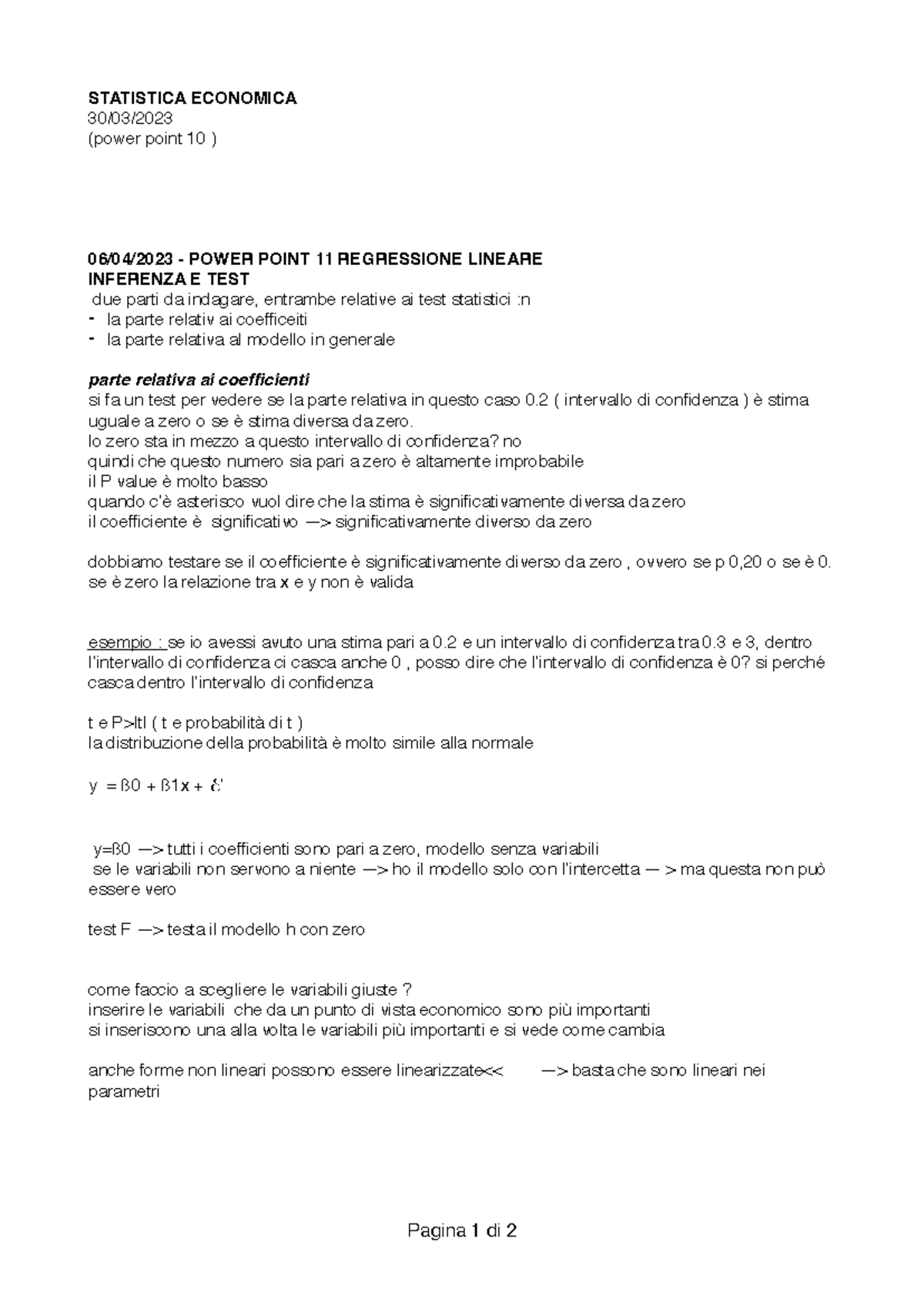Statistica Economica: PowerPoint 10 & 11 su Regressione Lineare - Studocu