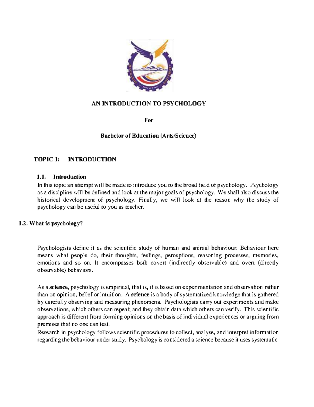 Lecture 1: Introduction to Psychology (EPS 100) - Summary Notes - Studocu