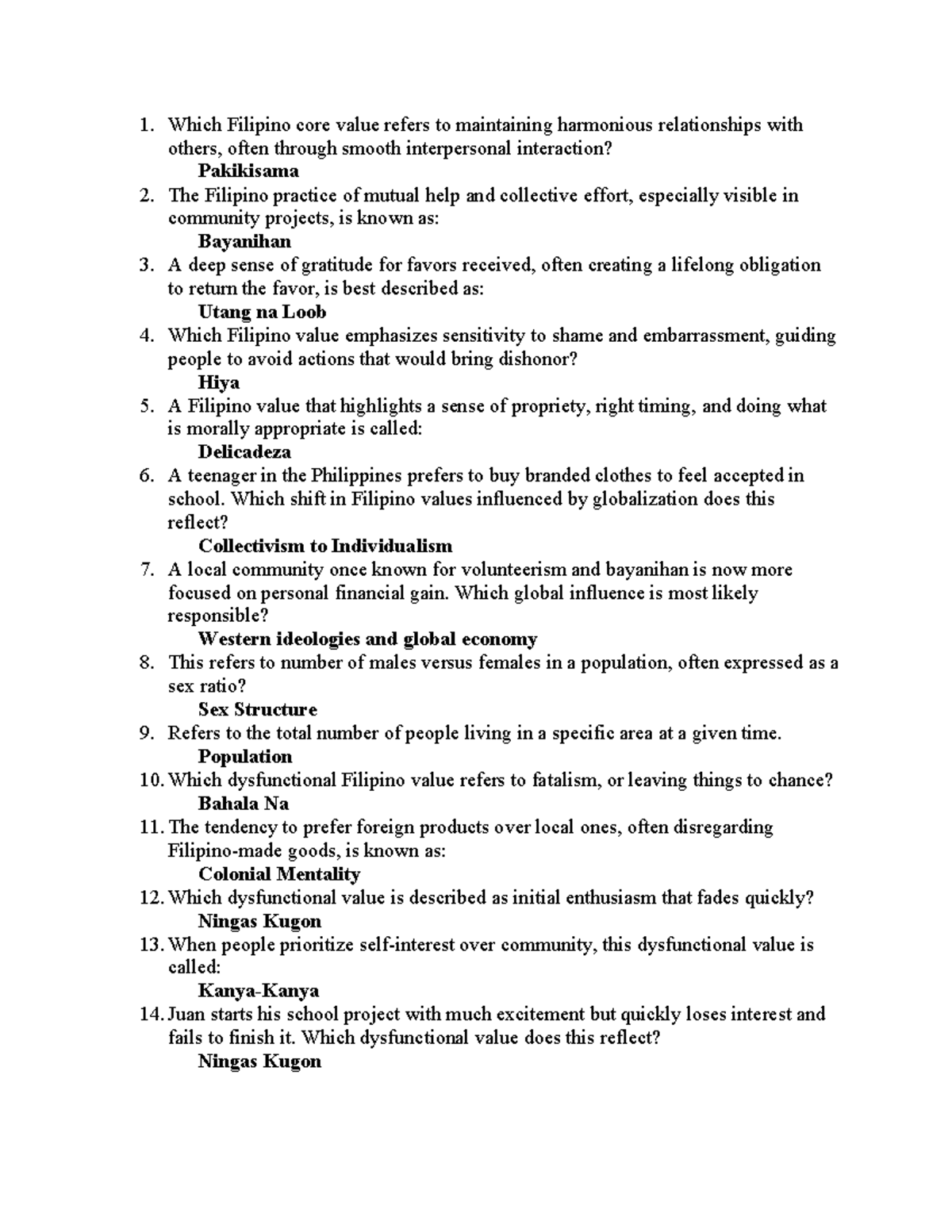 Fsse 3 Oral - Recitation Questions on Filipino Values and Culture - Studocu