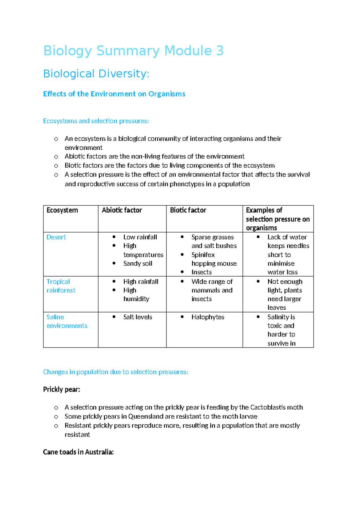 Biology Summary Module 3: Biological Diversity & Ecosystem Adaptations ...
