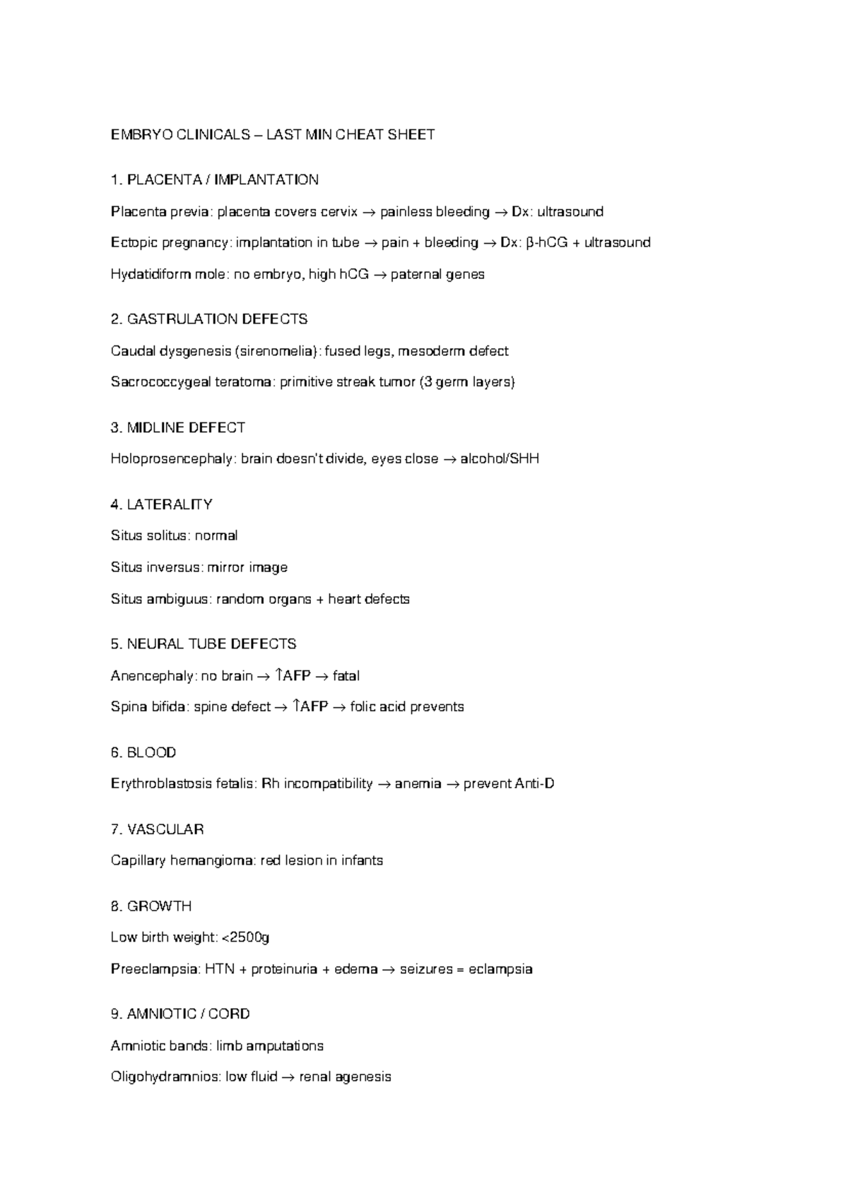 EMBRYO CLINICALS FINAL EXAM CHEAT SHEET: KEY CONCEPTS - Studocu