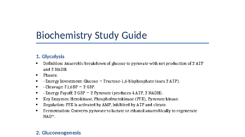 Biochem Study Guide: Glycolysis, Gluconeogenesis & ETC Overview - Studocu
