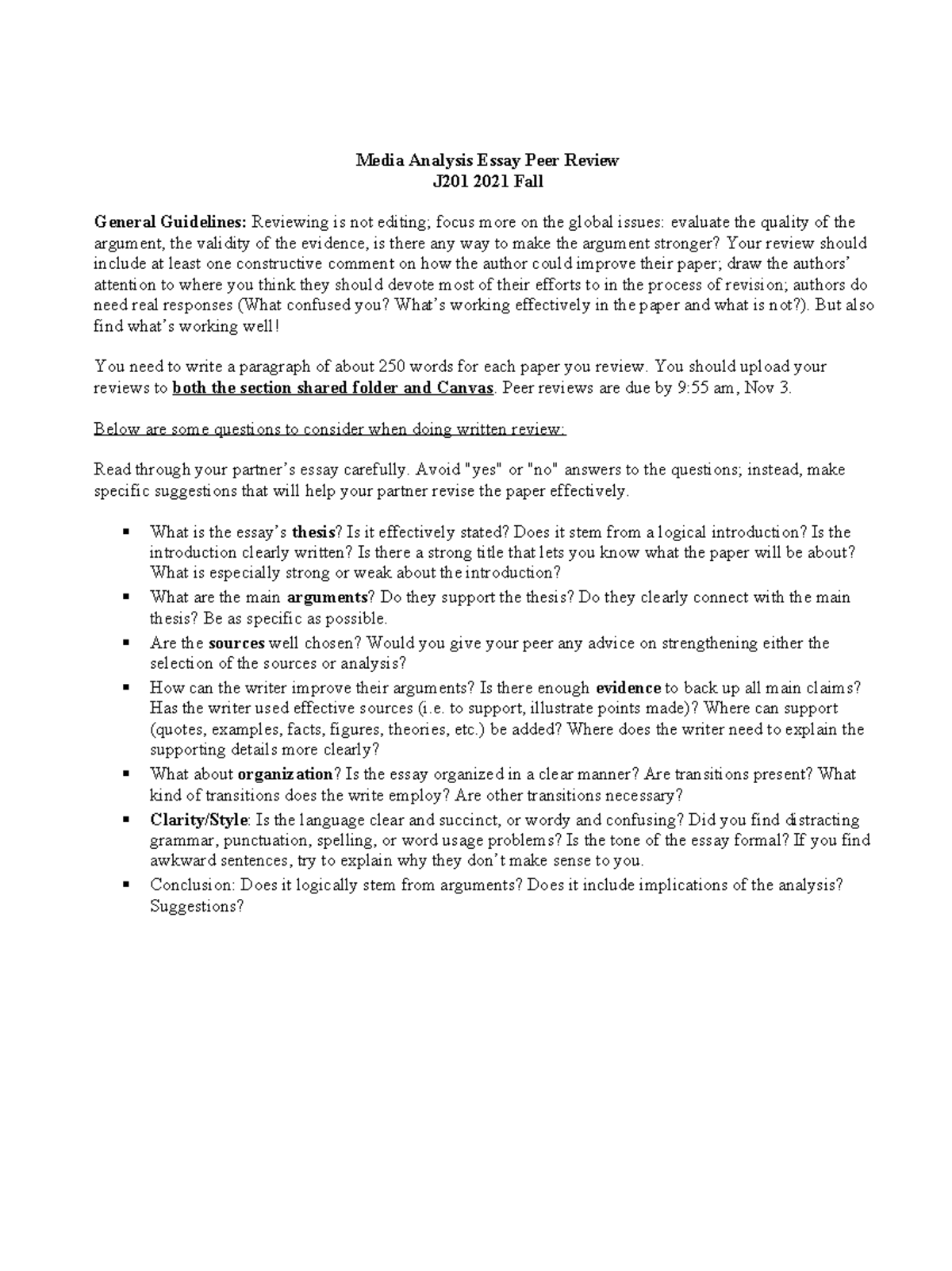Peer Review Guideline - Media Analysis Essay Peer Review J201 2021 Fall ...