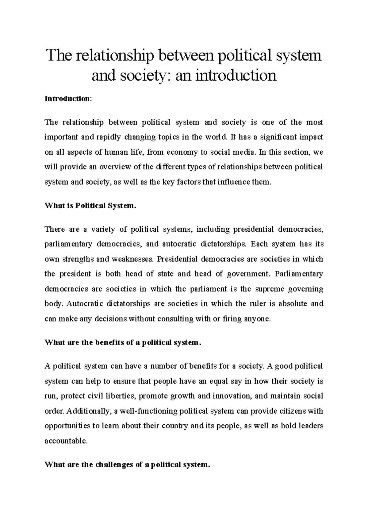 "The Relationship Between Political Systems and Society: An Intro ...