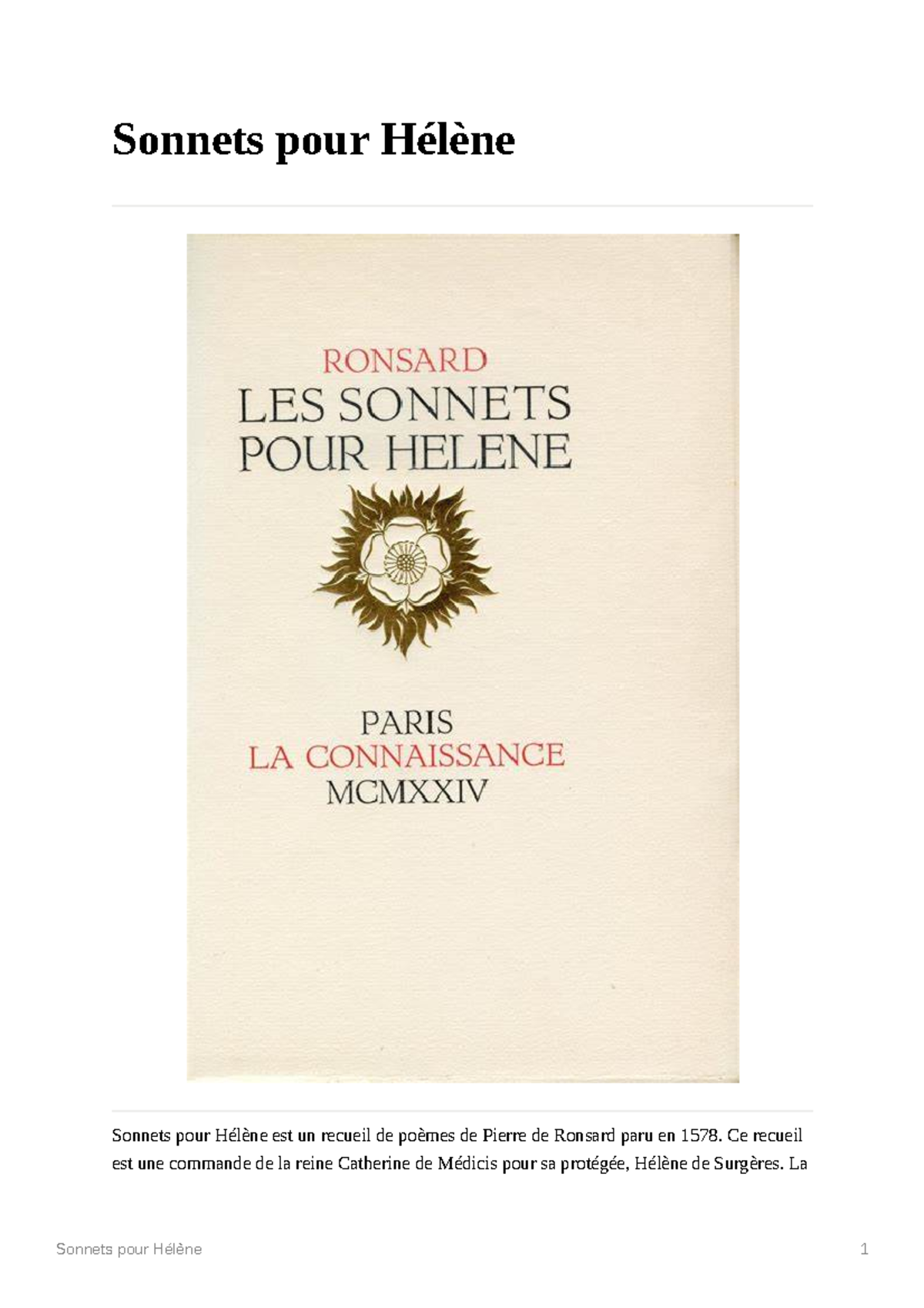 Analyse détaillée des "Sonnets pour Hélène" de Ronsard - Studocu