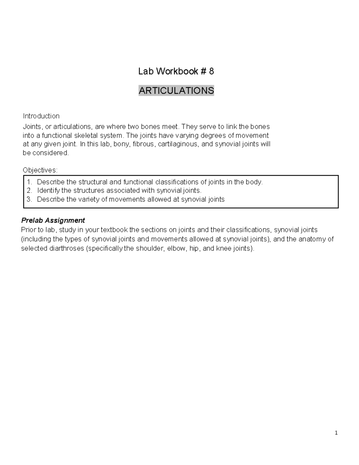 Ch 8 Lab Workbook: Understanding Articulations and Joint Movements ...