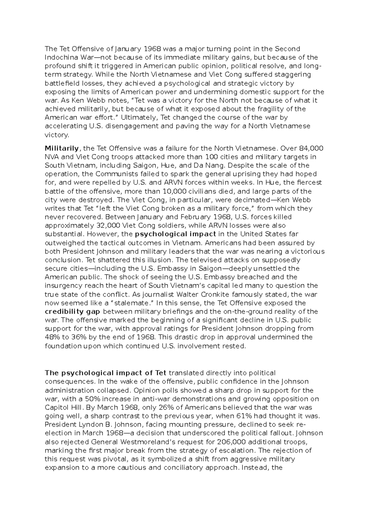 TET 1968 Offensive: A Strategic Turning Point in the Vietnam War - Studocu