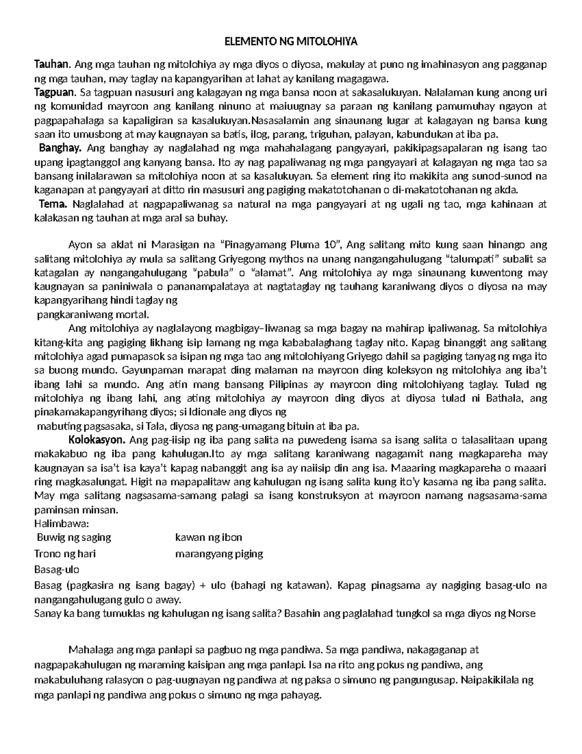 Elemento ng Mitolohiya: Tauhan, Tagpuan, Banghay, at Tema - Studocu