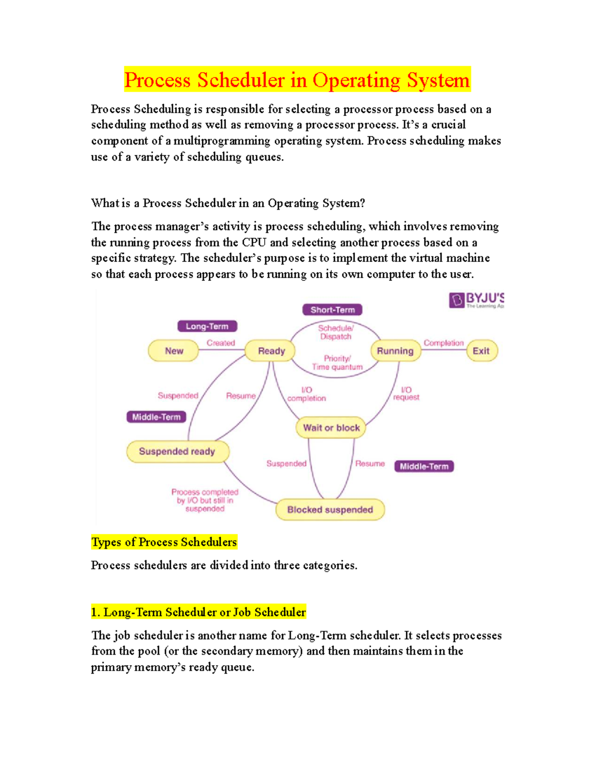 OS Process Scheduling: Types & Functions - Set 1 Notes - Studocu