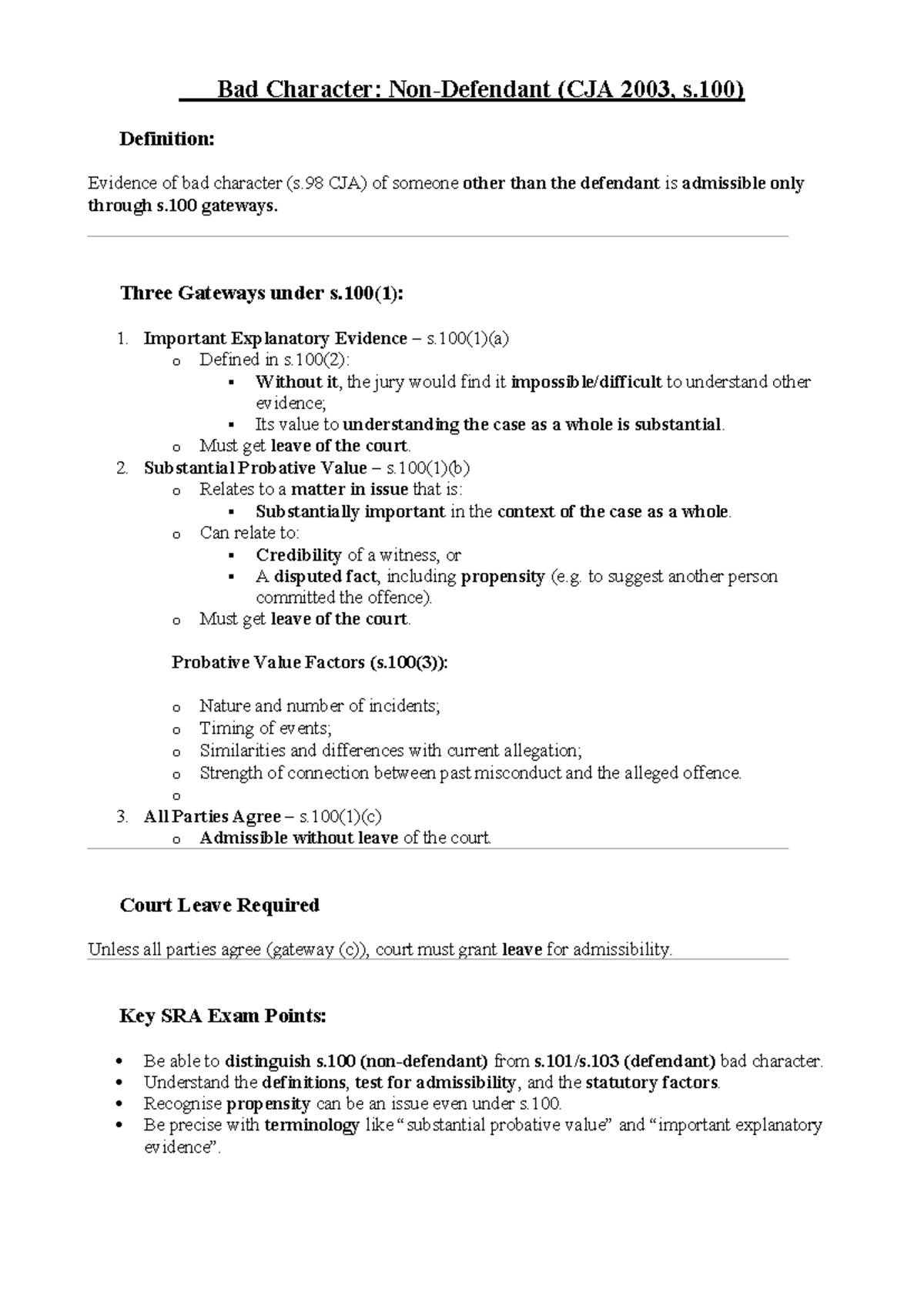 Bad Character Evidence: Understanding CJA 2003, s.100 Gateways - Studocu