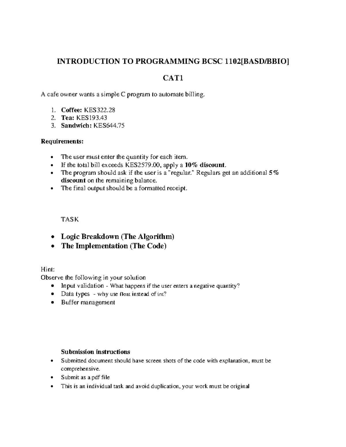 BCSC CAT1: C Program for Cafe Billing Automation - Studocu