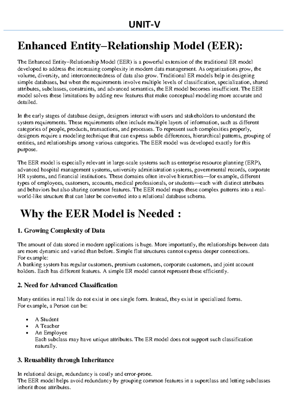 Dbms UNIT-V: Understanding the Enhanced ER Model (EER) - Studocu