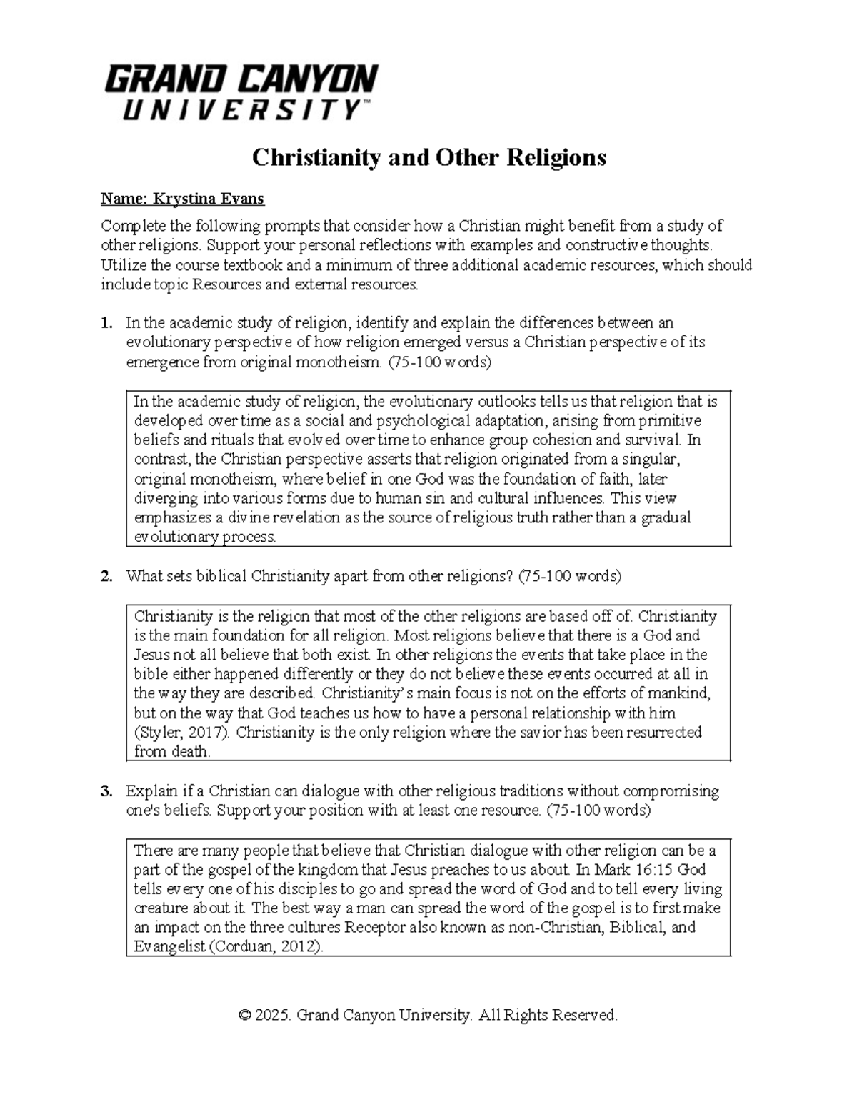 INT 244 RS T1 - Understanding Christianity in the Context of World ...