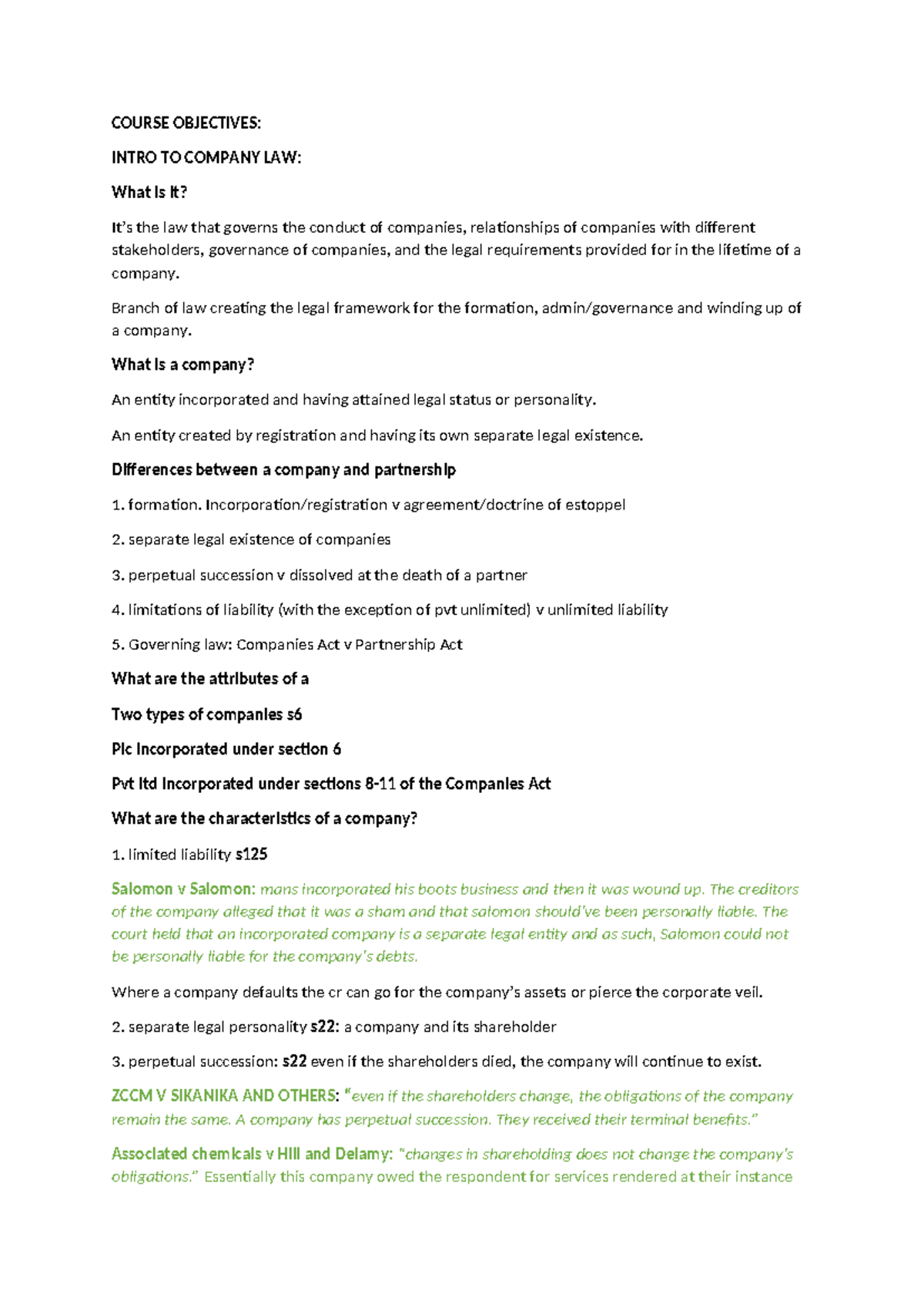 COMPANY LAW CLASS NOTES: INTRO TO COMPANY LAW (CL 101) - Studocu